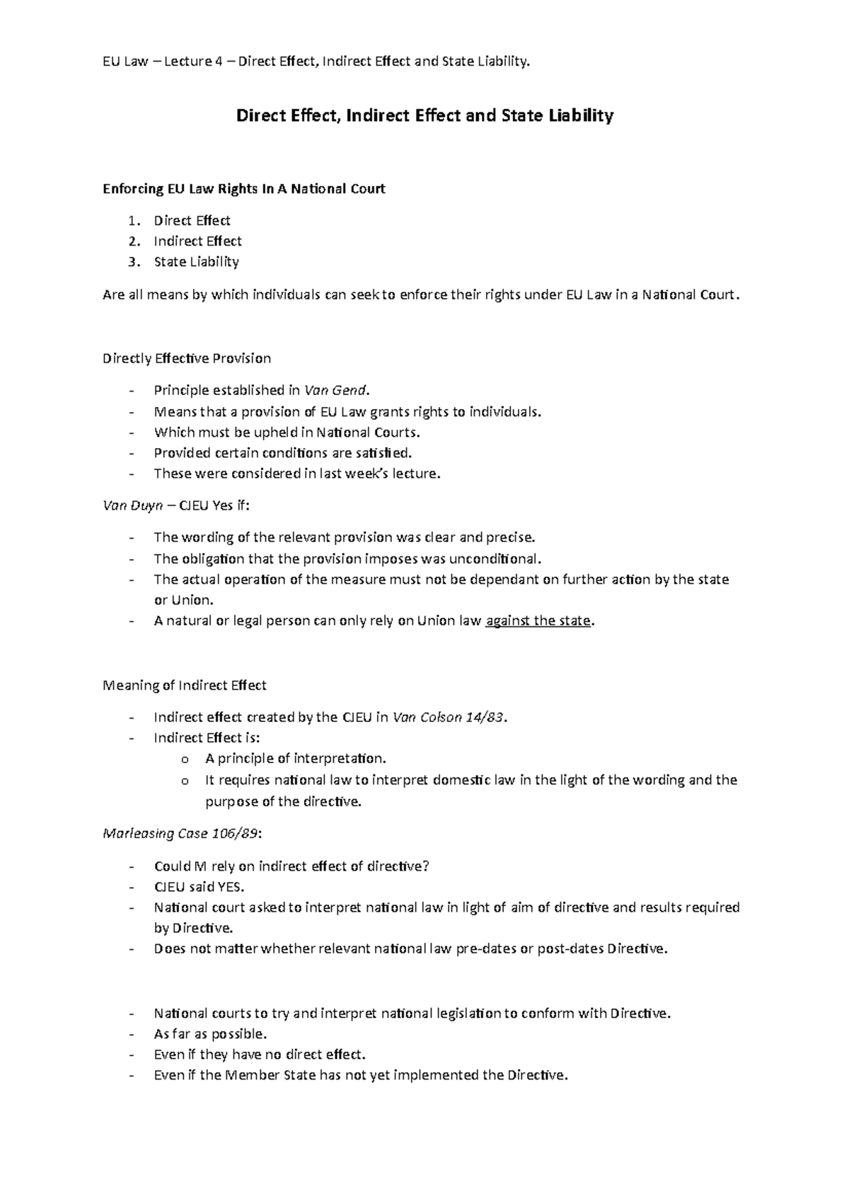 Lecture 4 Direct Effect Indirect Effect And State Liability Eu Law Lecture 4 Direct