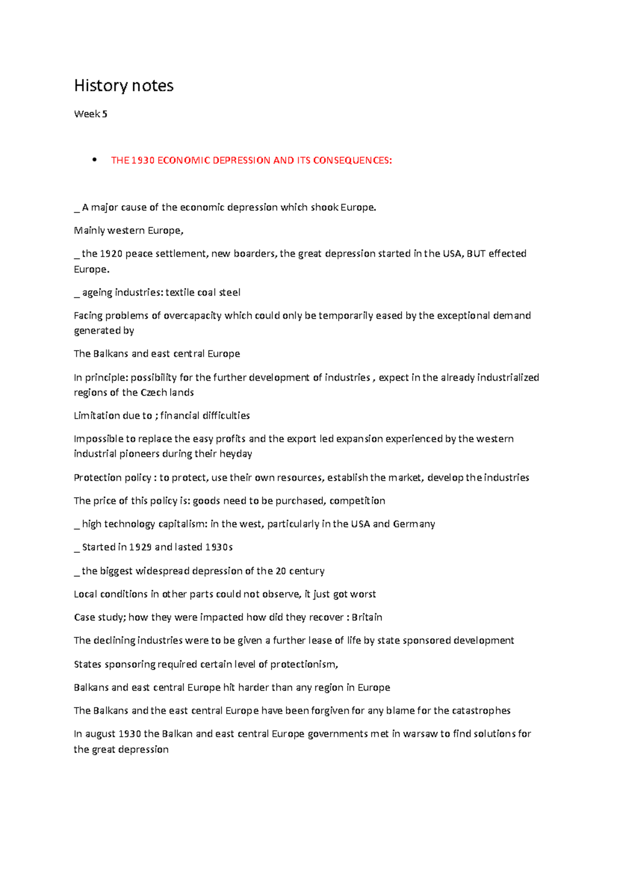 History notes - History notes Week 5 THE 1930 ECONOMIC DEPRESSION AND ...