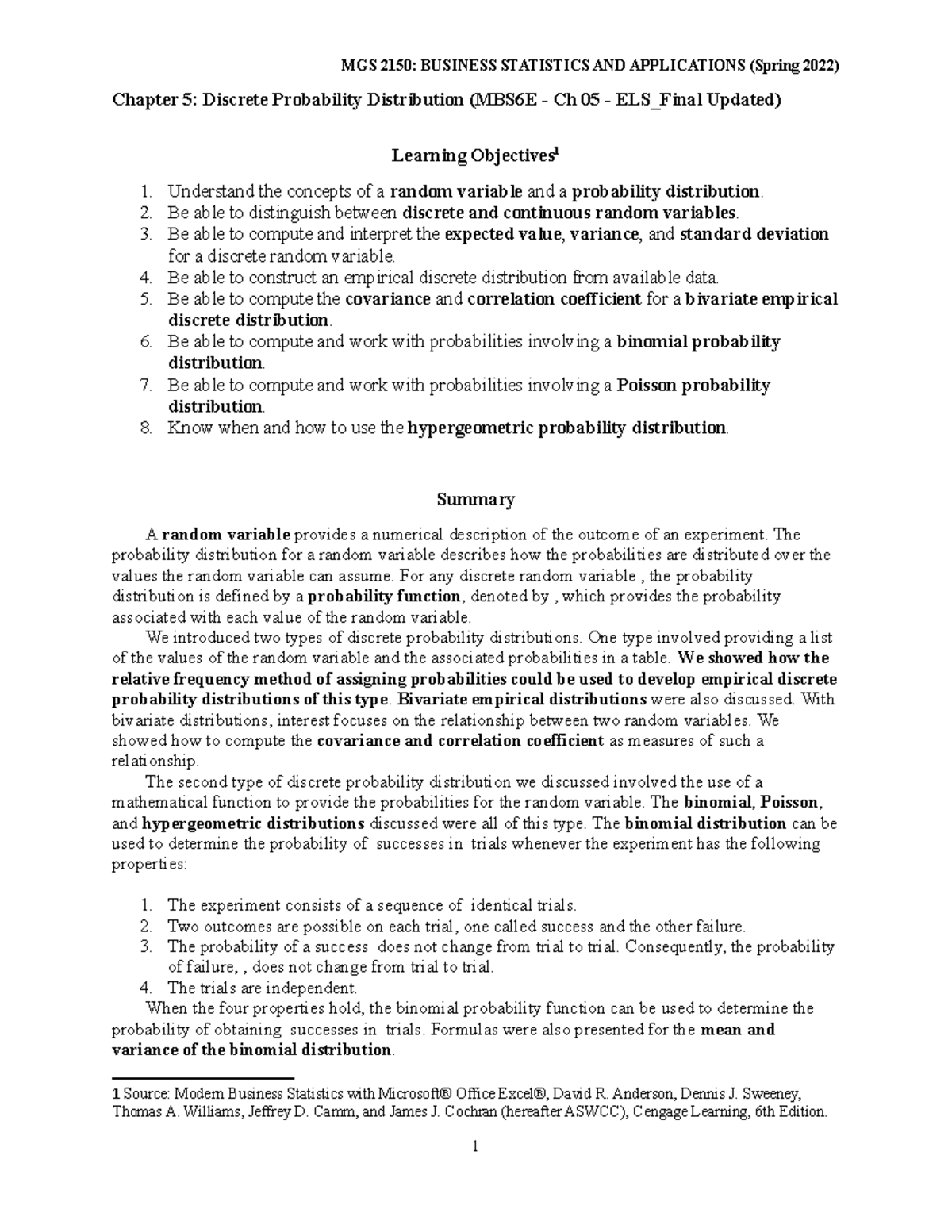 Chapter 5 Summary and Sample Questions - Chapter 5: Discrete ...