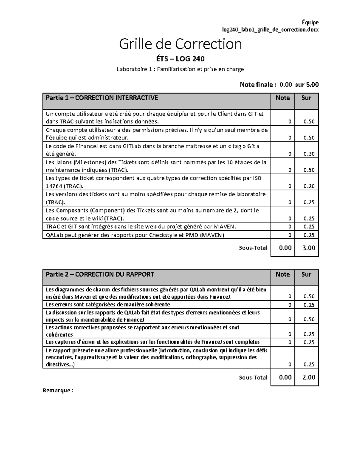 Log240 labo1 grille de correction - Équipe log240_labo1_grille_de_correction Grille de ...