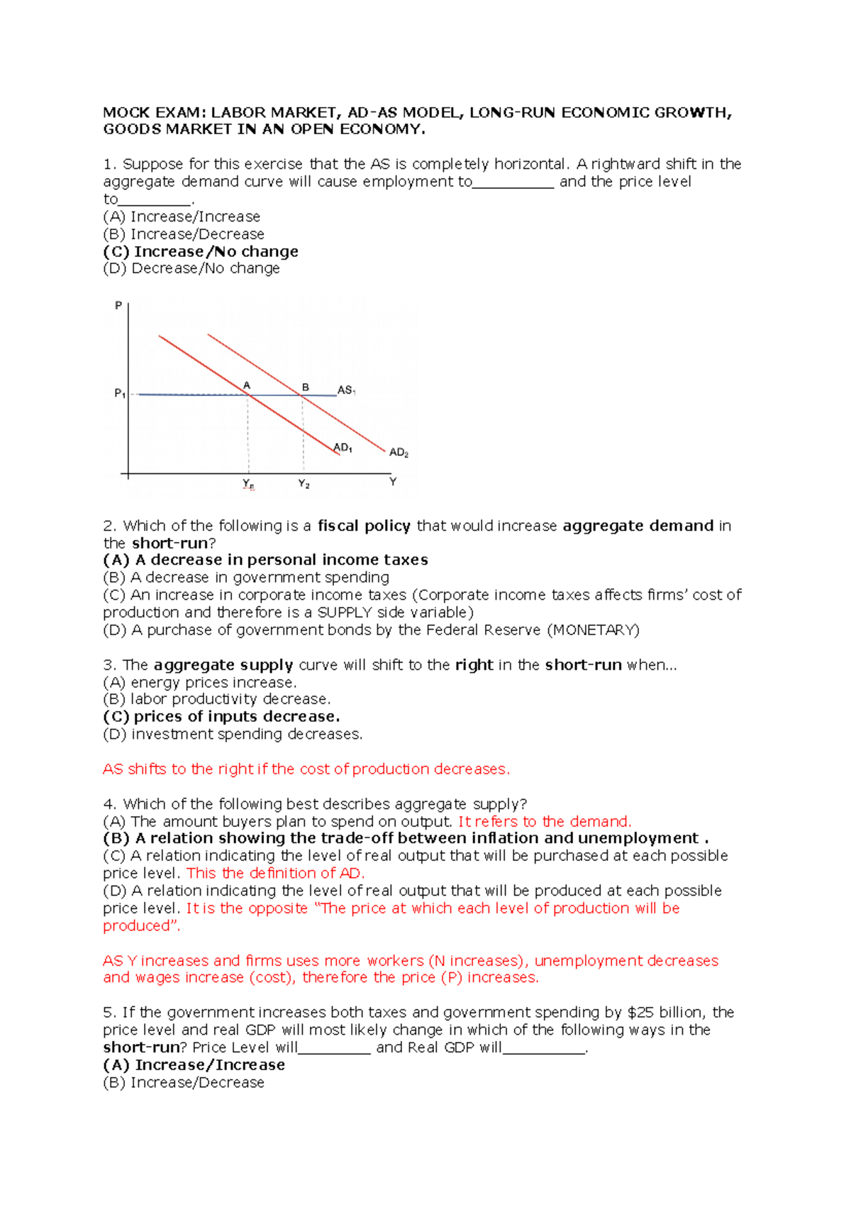 MOCK EXAM 2nd PART Solutions II - MOCK EXAM: LABOR MARKET, AD-AS MODEL ...