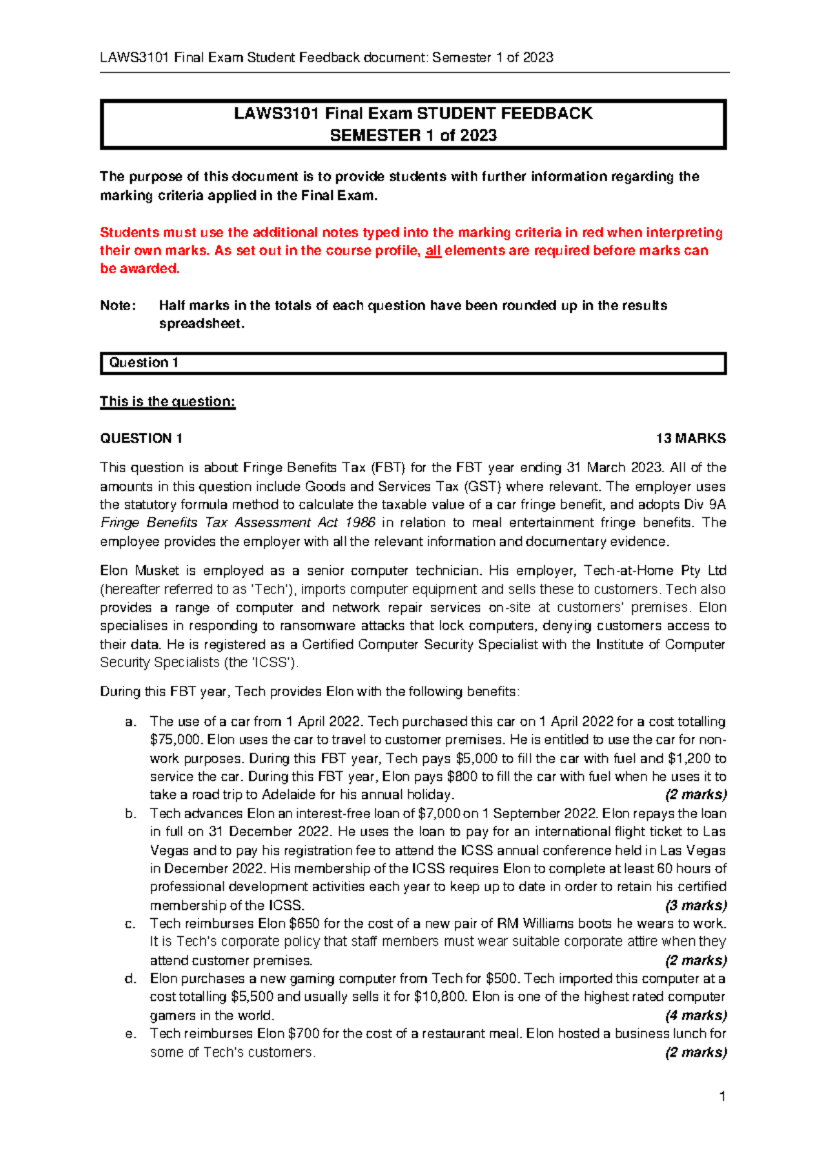 LAWS3101 S1 2023 Final Exam Feedback - LAWS3101 Final Exam STUDENT ...