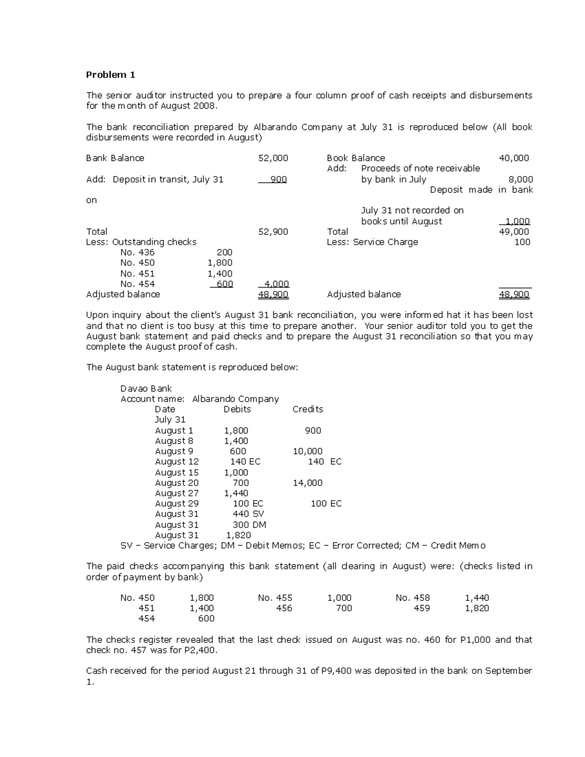 231988282 Proof Of Cash Problem 1 The Senior Auditor Instructed You