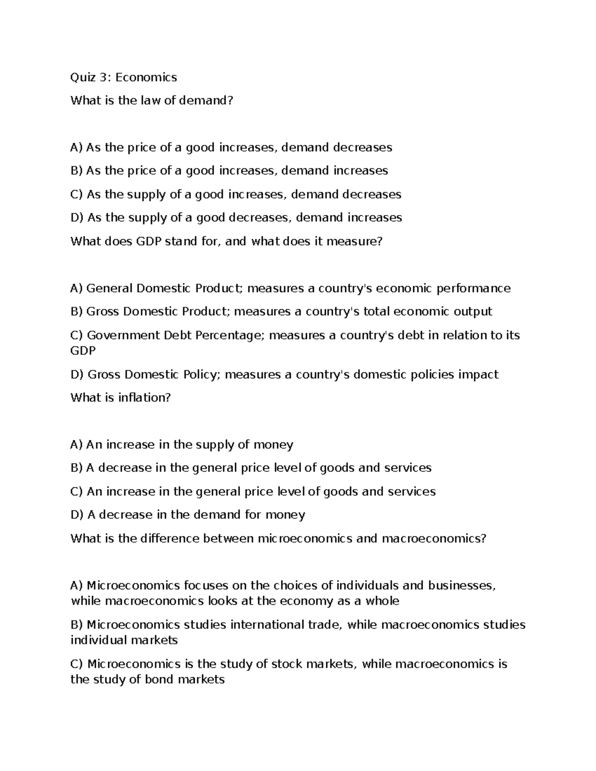 Economics Quiz - General Economic Quiz - Quiz 3: Economics What is the ...