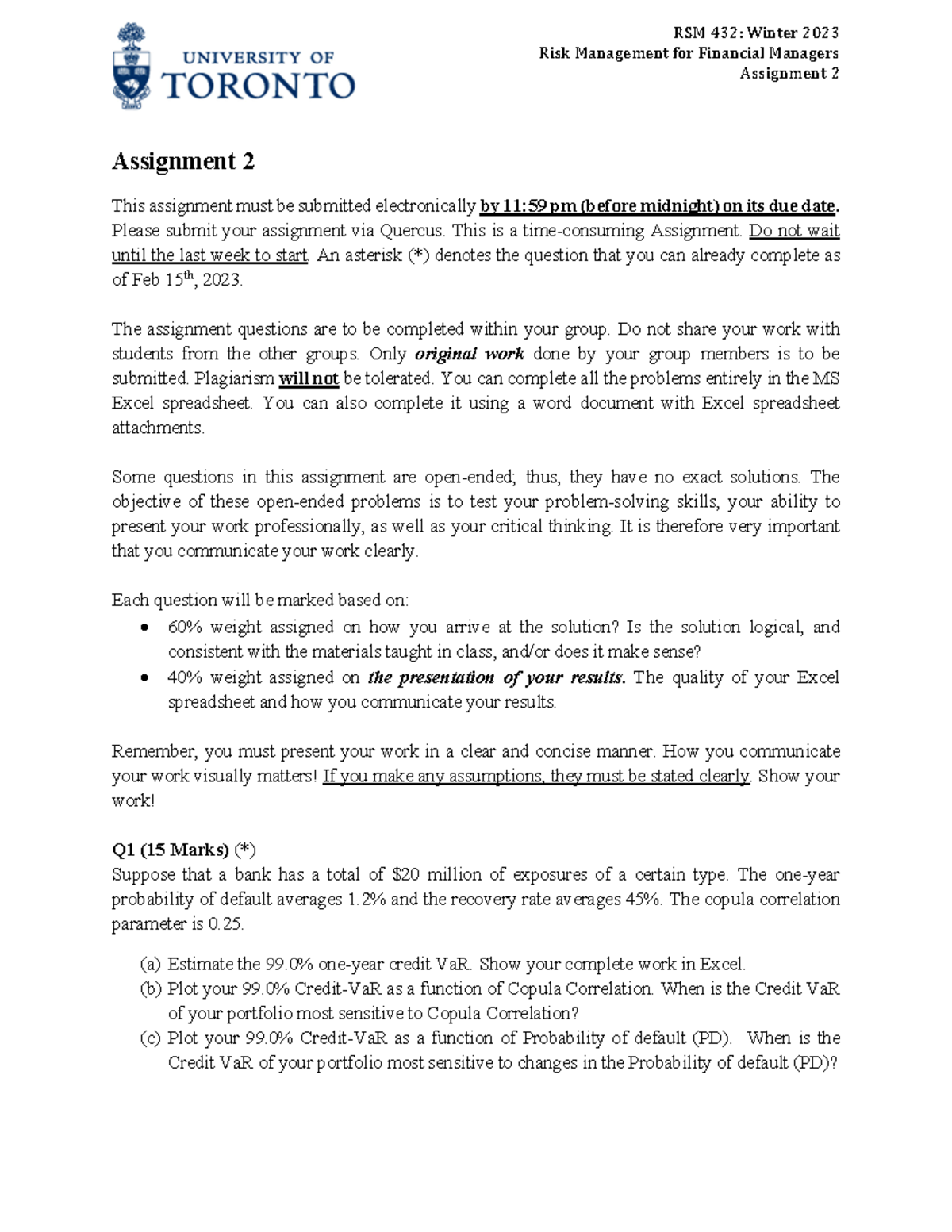 RSM432 2023 Assignment 2 - Risk Management for Financial Managers ...