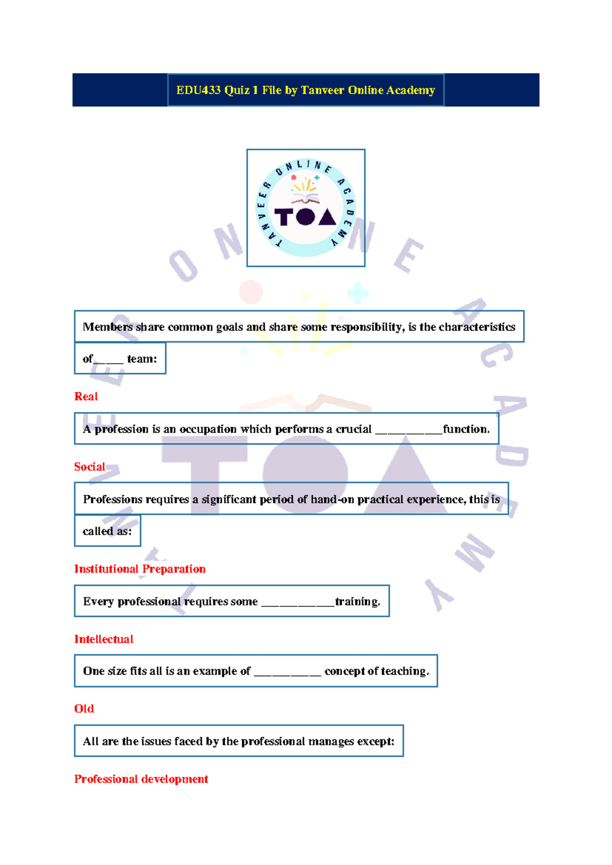 EDU433 All Quizzes in One File - EDU433 Quiz 1 File by Tanveer Online ...