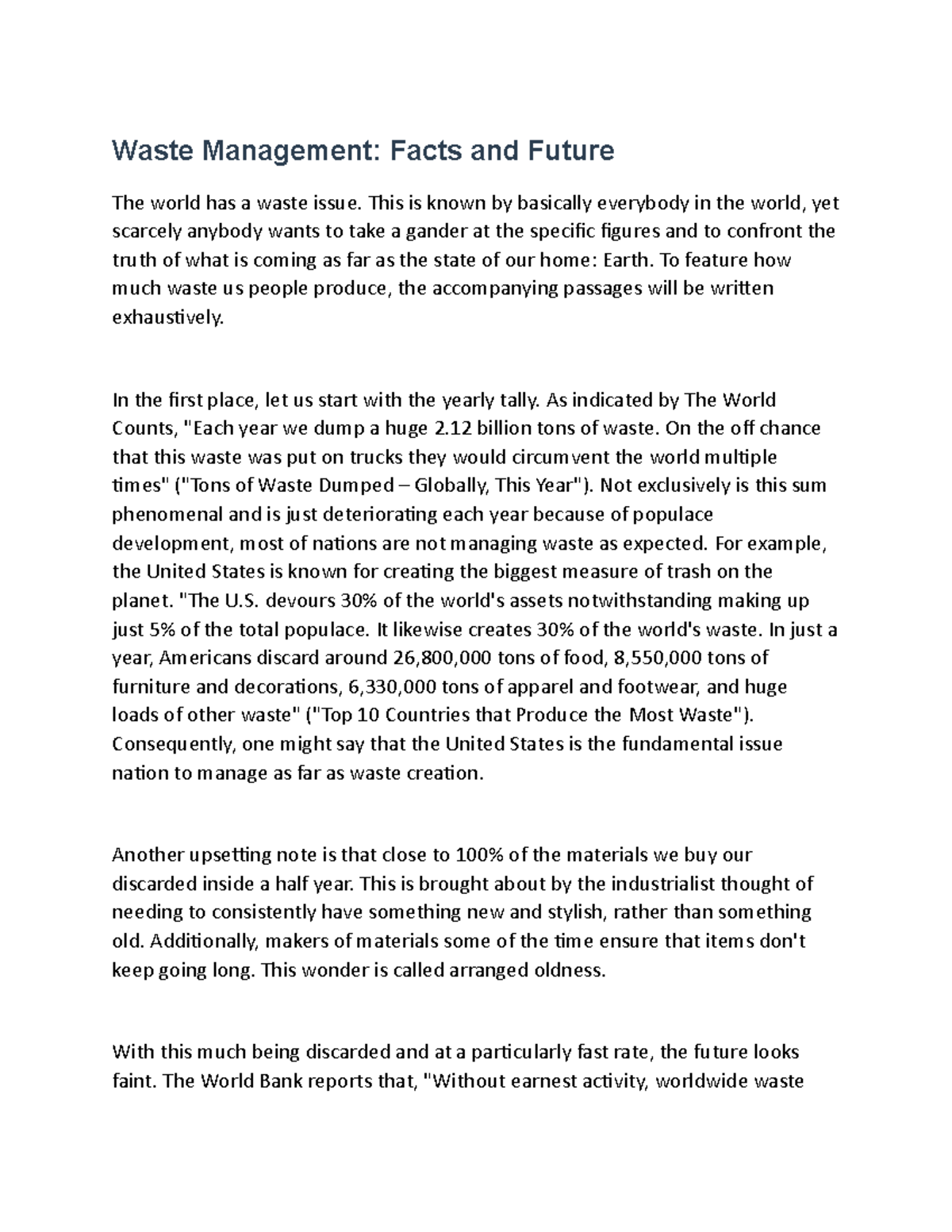 Essay 9 - Lecture notes 9 - Waste Management: Facts and Future The ...
