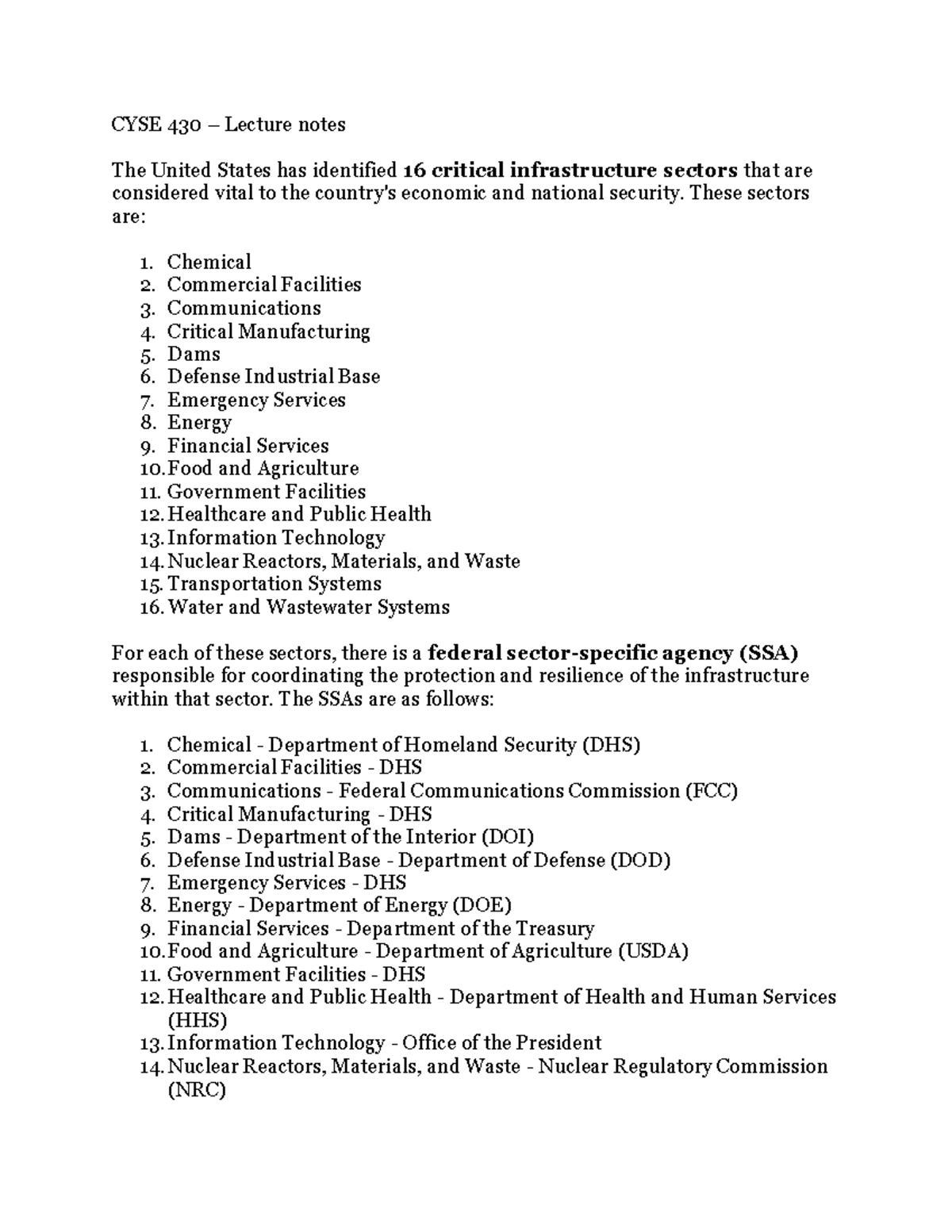 CYSE 430 intro notes - CYSE 430 – Lecture notes The United States has ...