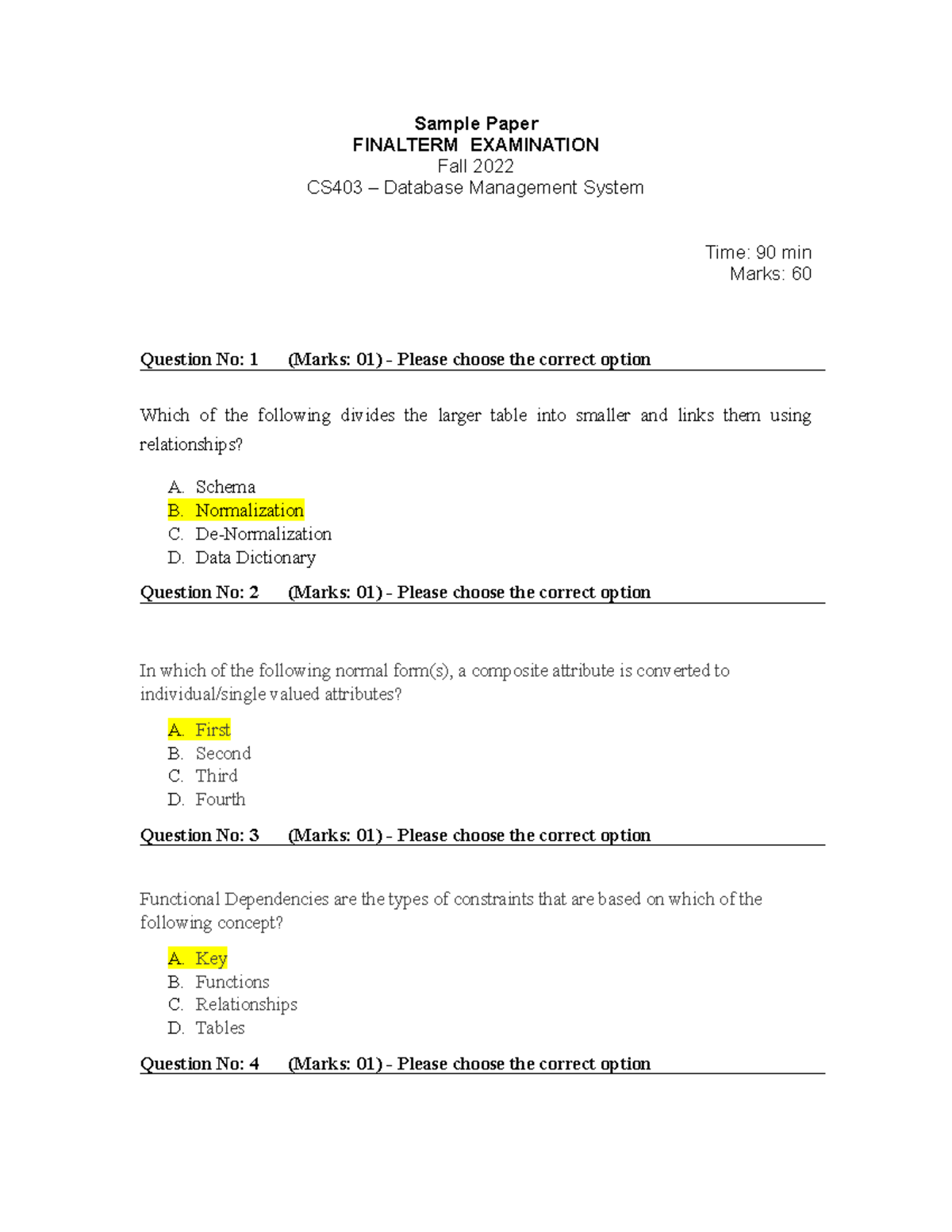 Sample Paper CS403 - n/a - Database Management Systems - VU - Studocu