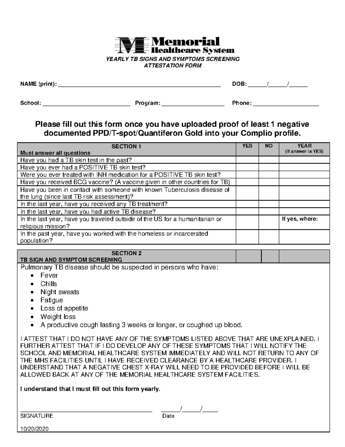 Tb - Common cause - YEARLY TB SIGNS AND SYMPTOMS SCREENING ATTESTATION ...