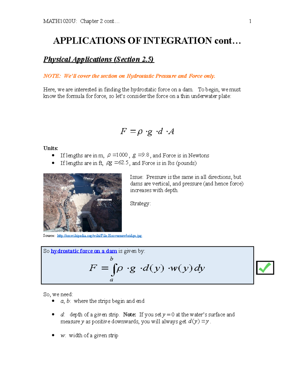 Week 5 Lecture 1 - APPLICATIONS OF INTEGRATION cont... Physical ...