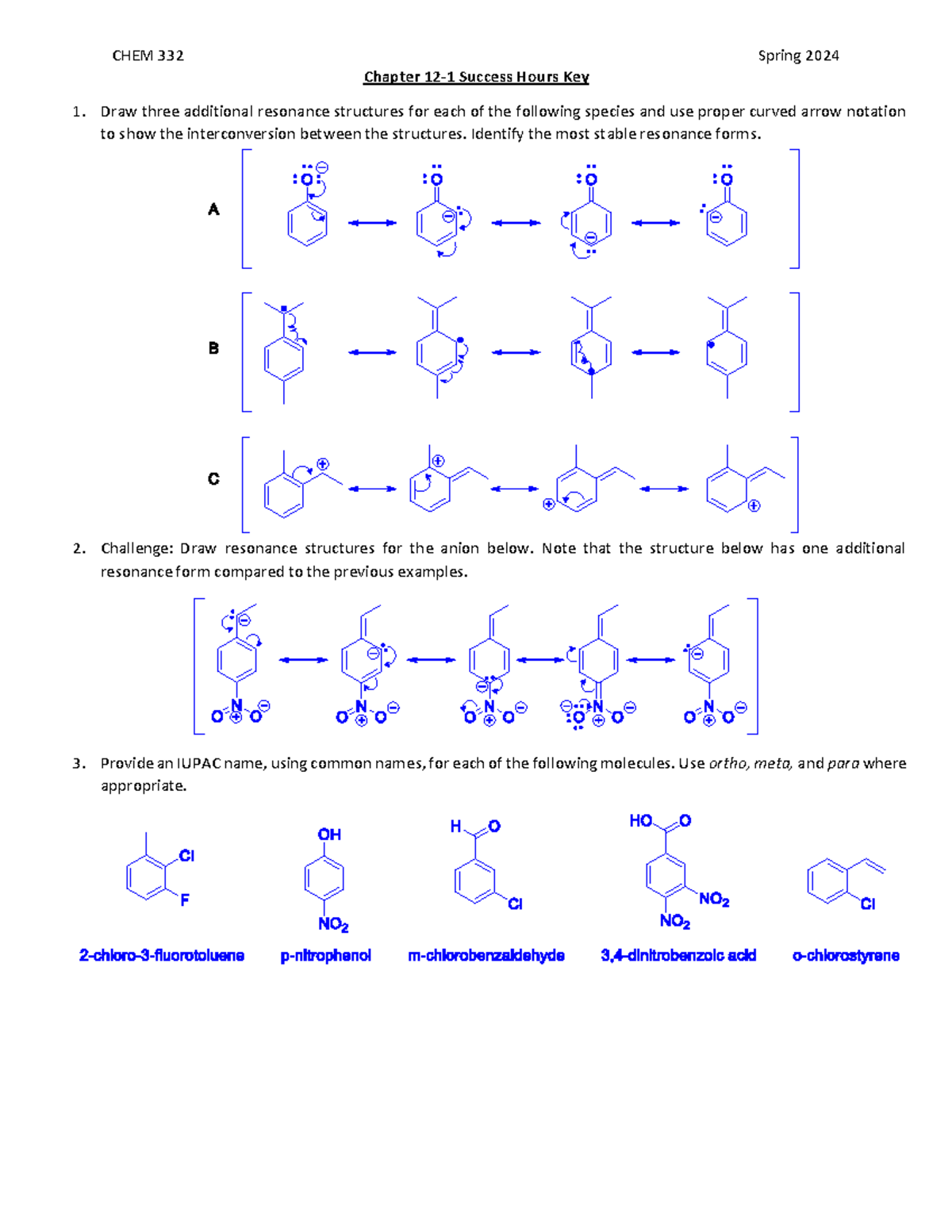 CH 12-1 Questions Key - Success Hours Key for Chapter 12 - CHEM 332 Spring 2024 Chapter 12-1 ...