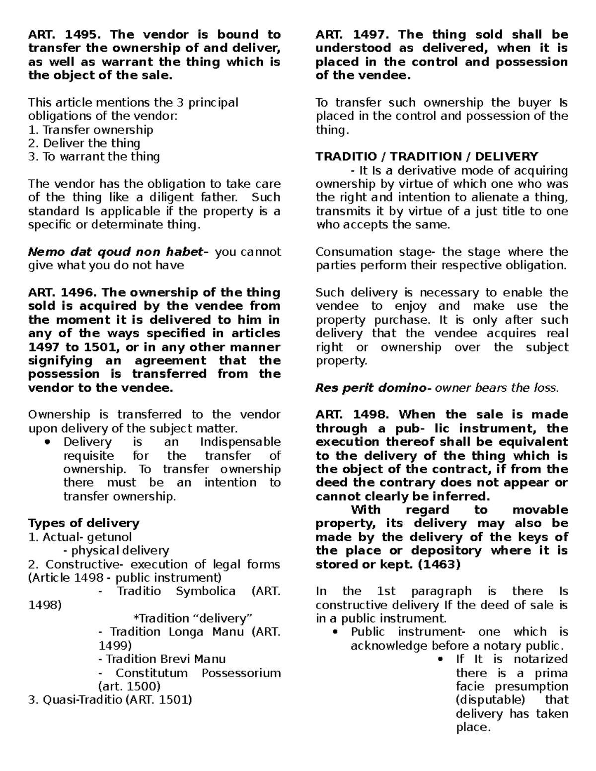 ART 1495 1525 1545 1560 1ST SEM LAW STUDY MATERIALS - ART. 1495. The ...