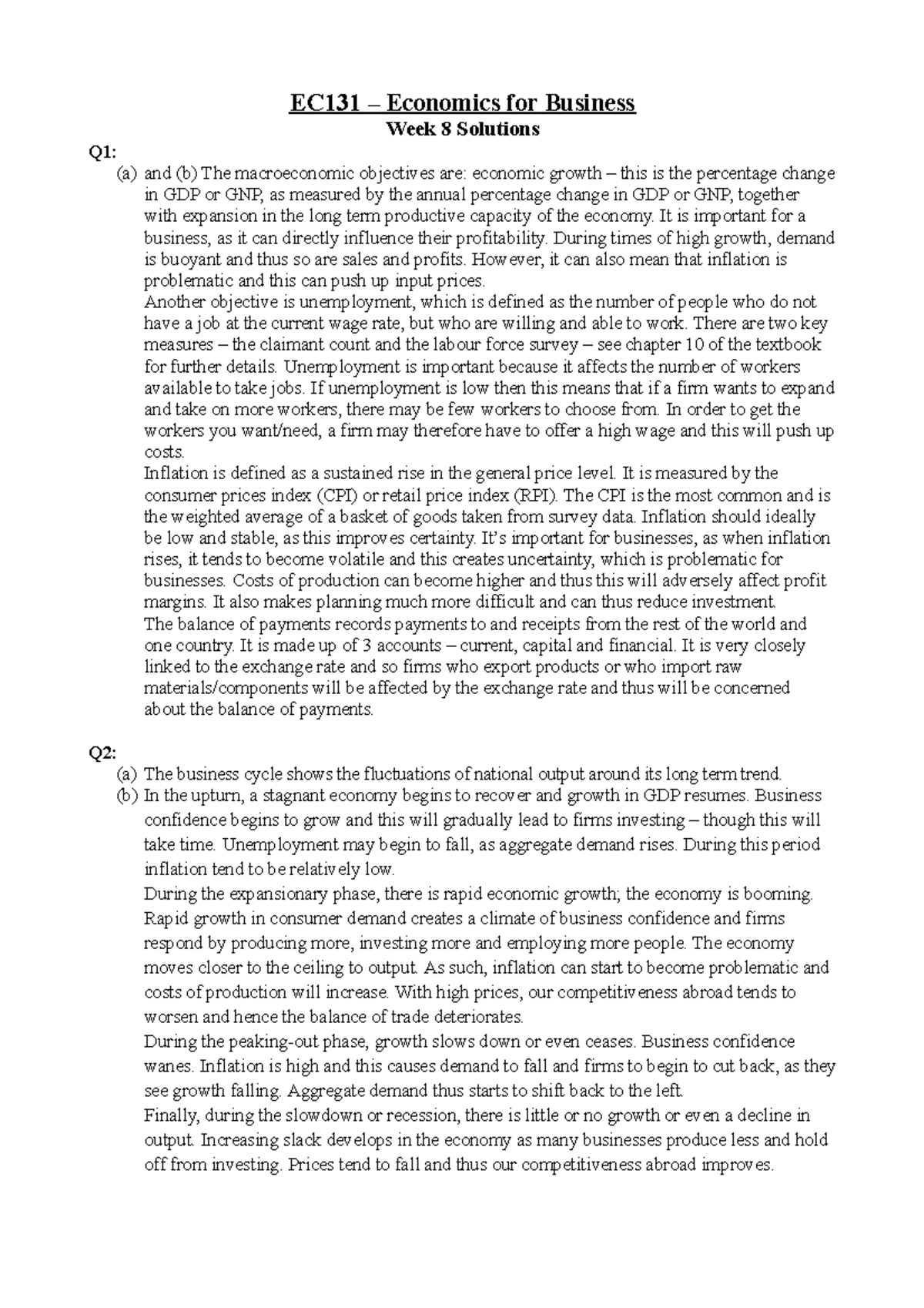 Seminar 8 - Solution for tutorial - EC131 – Economics for Business Week ...