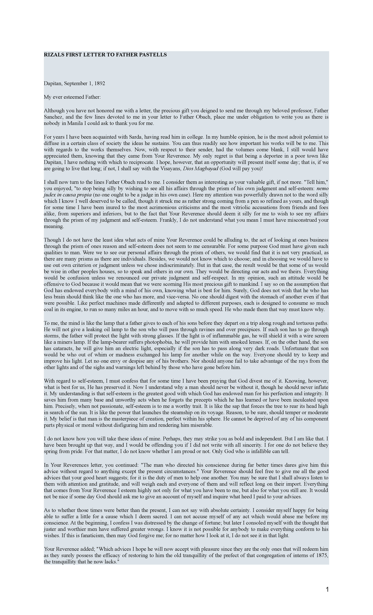 Rizal'S Letter TO Father Pastells - RIZALS FIRST LETTER TO FATHER ...