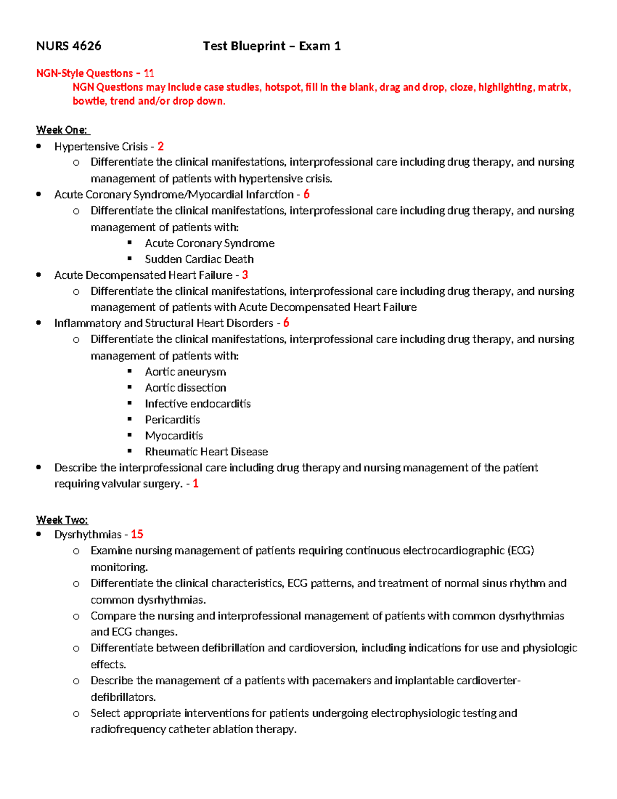 Blueprint Exam 1 - NURS 4626 Test Blueprint – Exam 1 NGN-Style ...