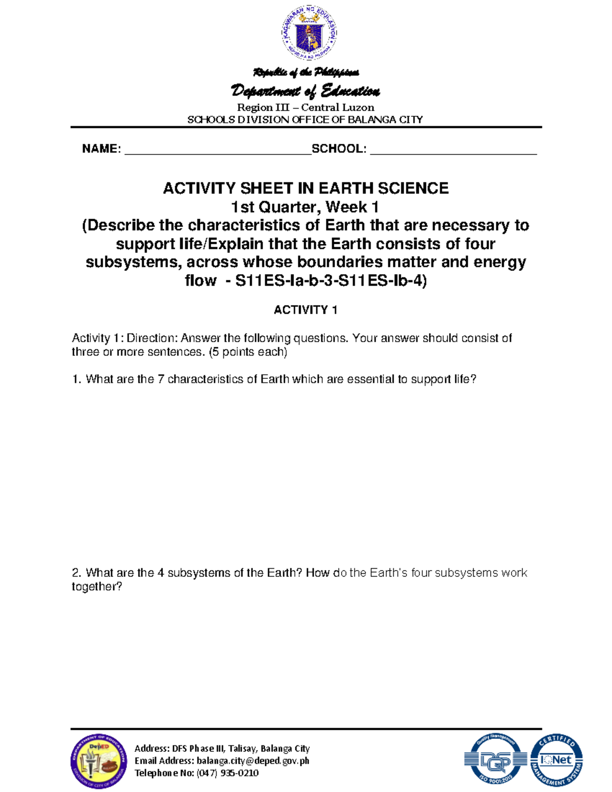 1ST Quarter Activity Sheets IN Earth Science - Department of Education ...