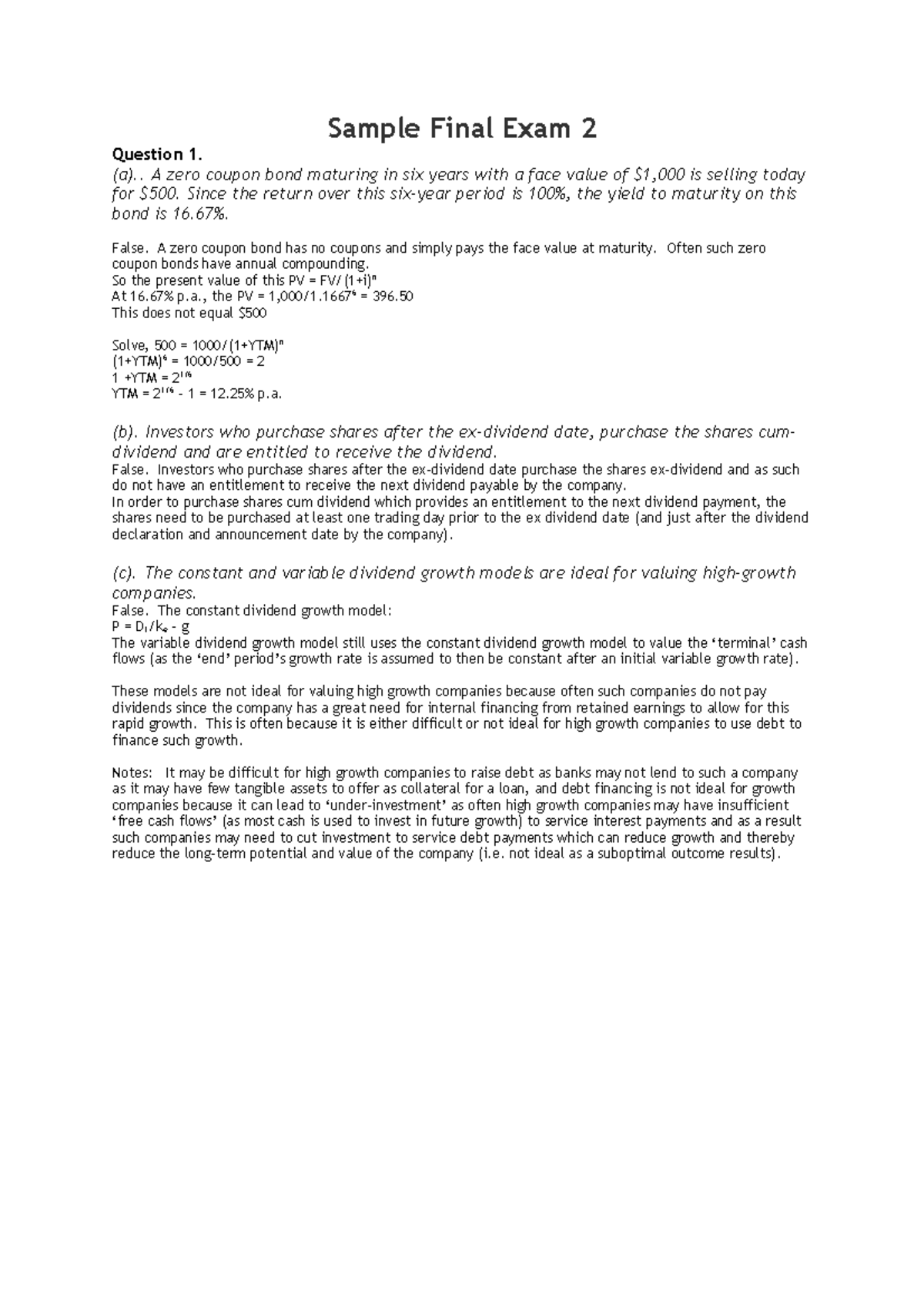 Sample Final Exam 2 Answers - Sample Final Exam 2 Question 1. (a).. A ...