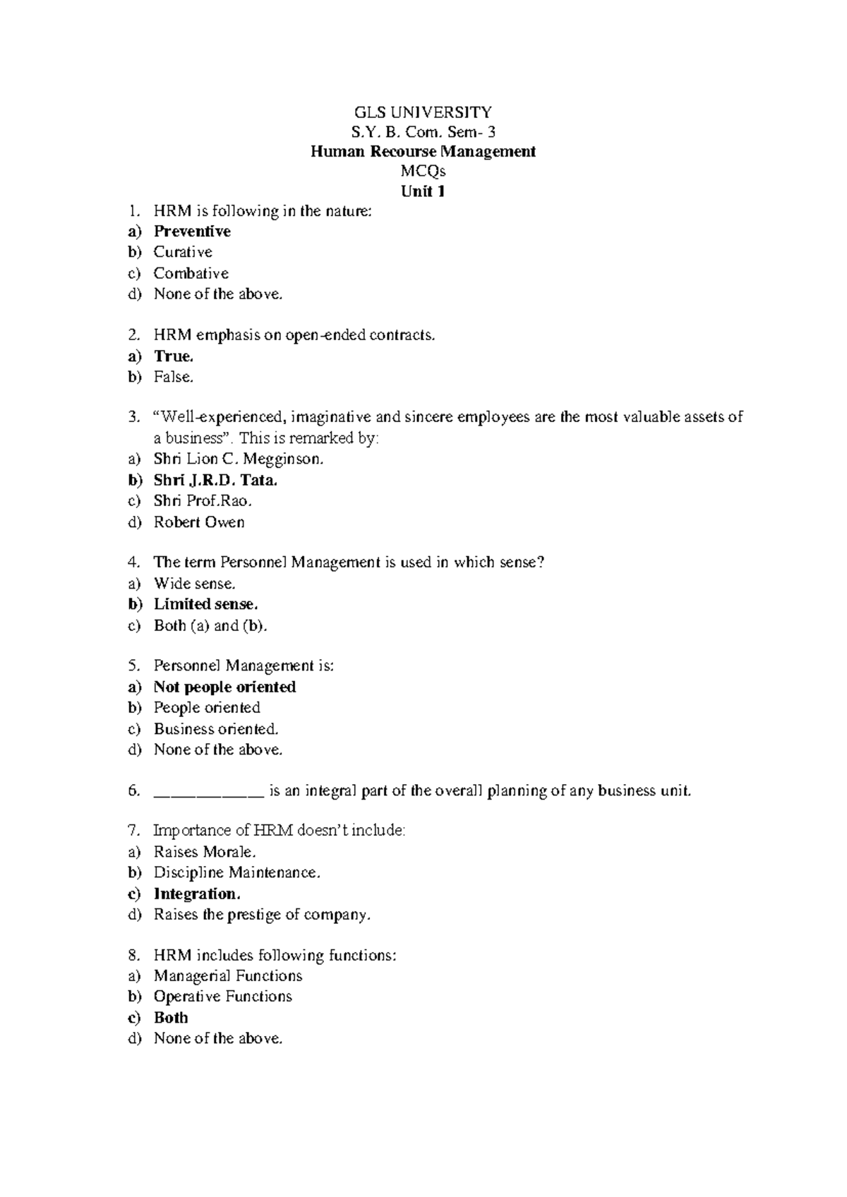 Mcq Hrm Dy patil - GLS UNIVERSITY S. B. Com. Sem- 3 Human Recourse ...