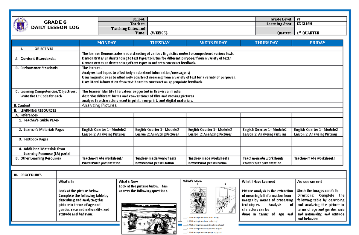 MELC- Based DLL Quarter 1 WEEK 5 - GRADE 6 DAILY LESSON LOG School ...