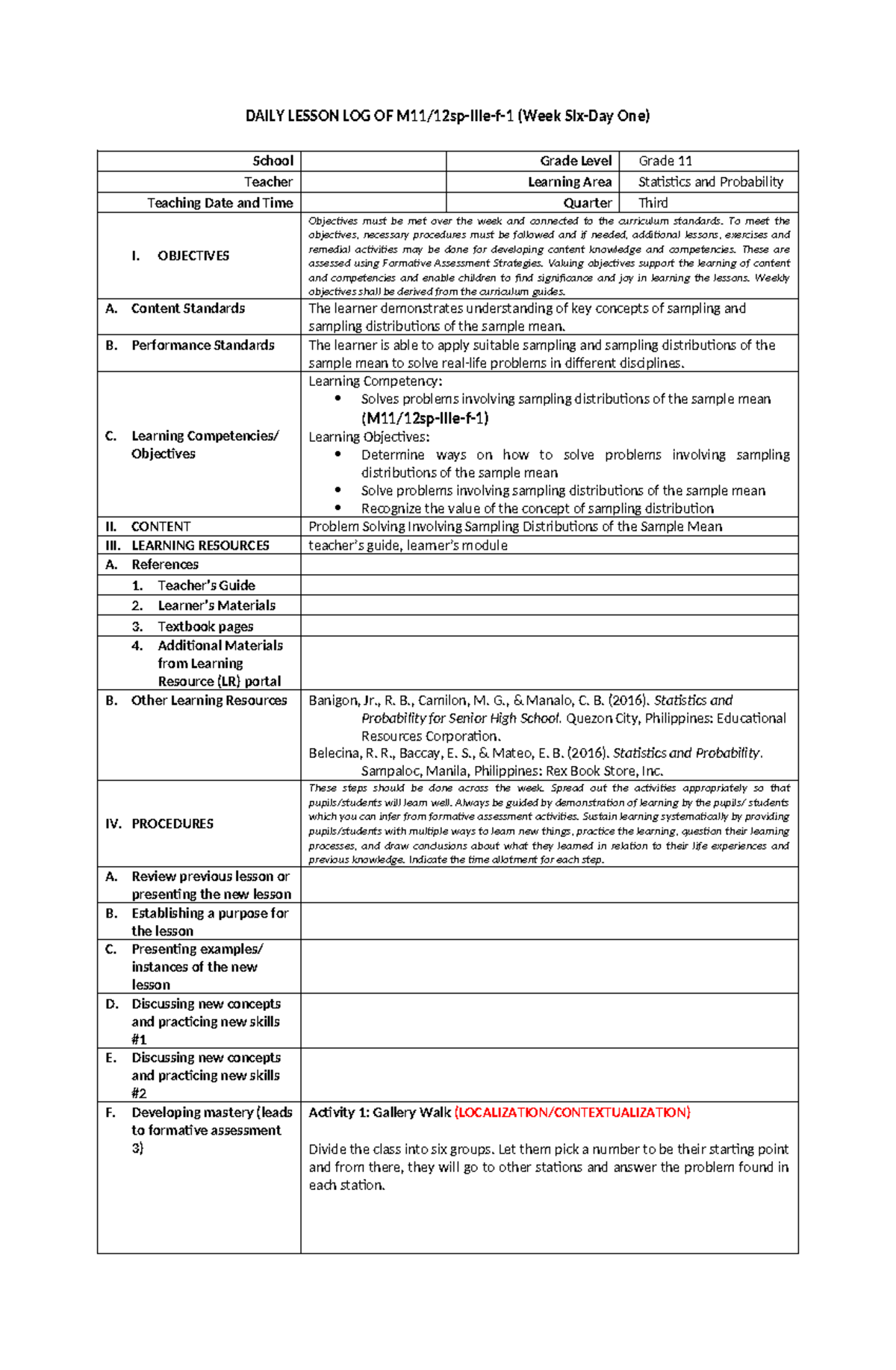 Dll Statistics and Probability - DAILY LESSON LOG OF M11/12sp-IIIe-f-1 ...