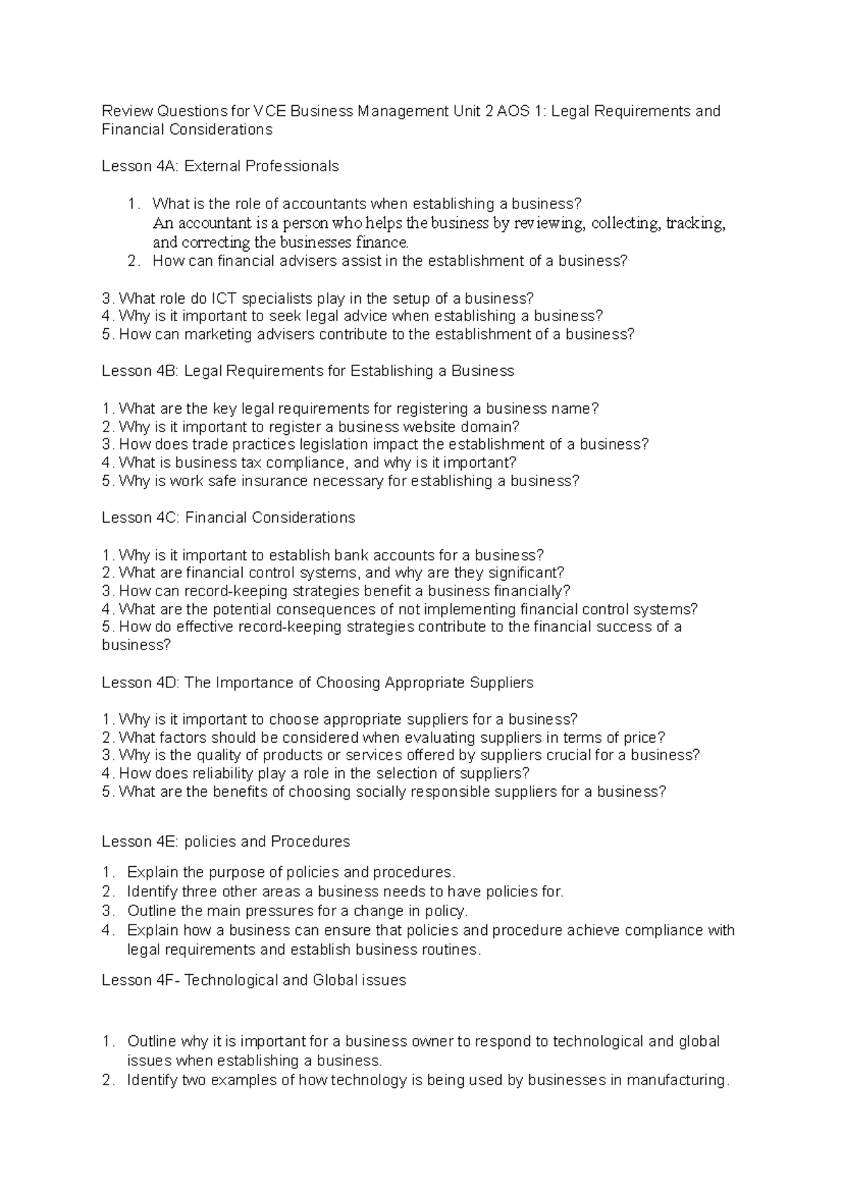 Review Questions for VCE Business Management Unit 2 AOS 1 - How can ...