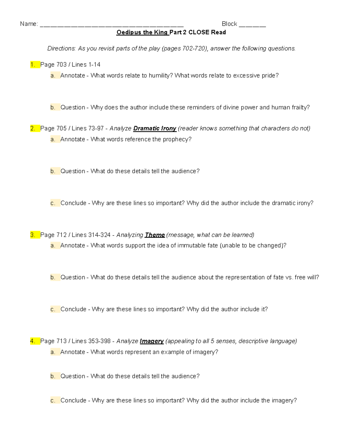 Oedipus Part 2 Close Read - Name ...