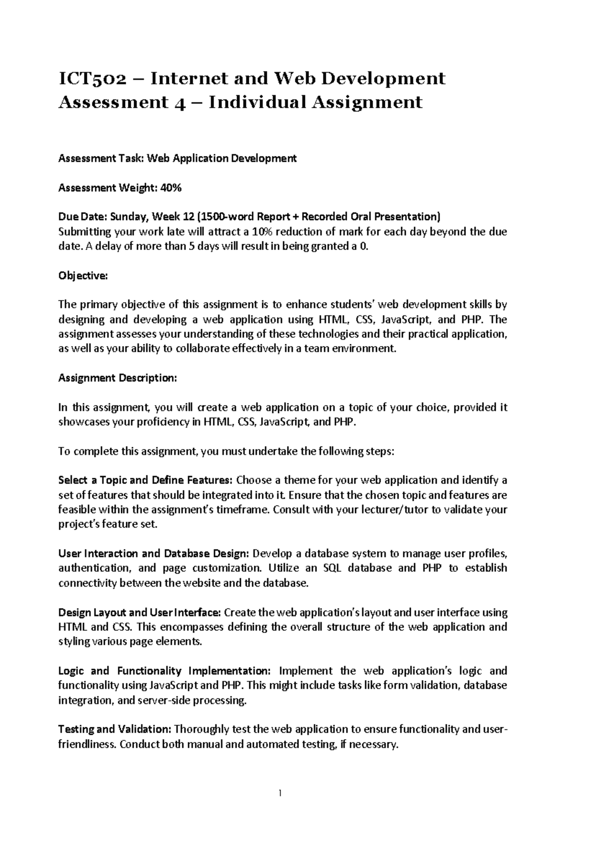 ICT 502 - Assessment 4 T3 2023 - 1 ICT50 2 – Internet and Web Development Assessment 4 ...