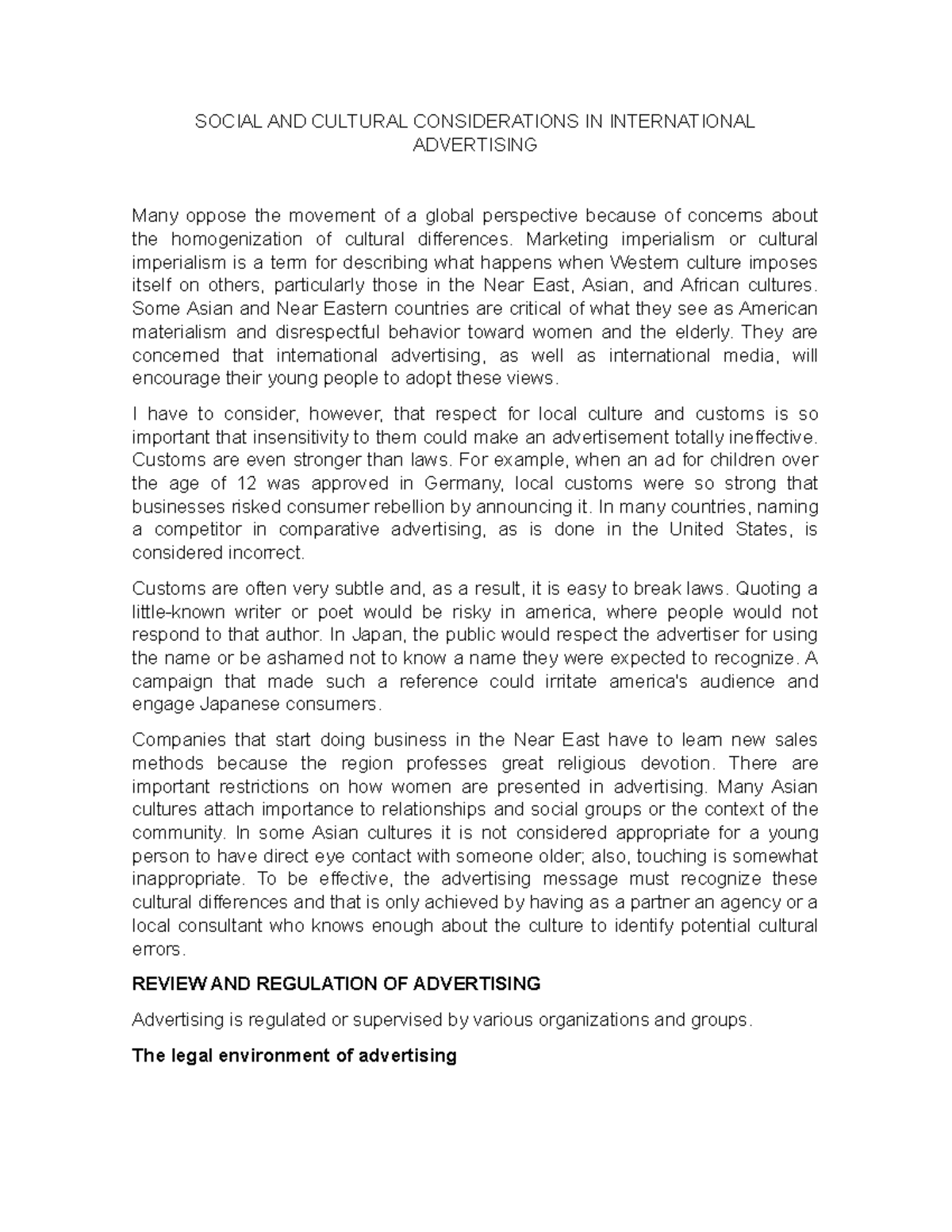 SOCIAL AND CULTURAL CONSIDERATIONS IN INTERNATIONAL ADVERTISING ...