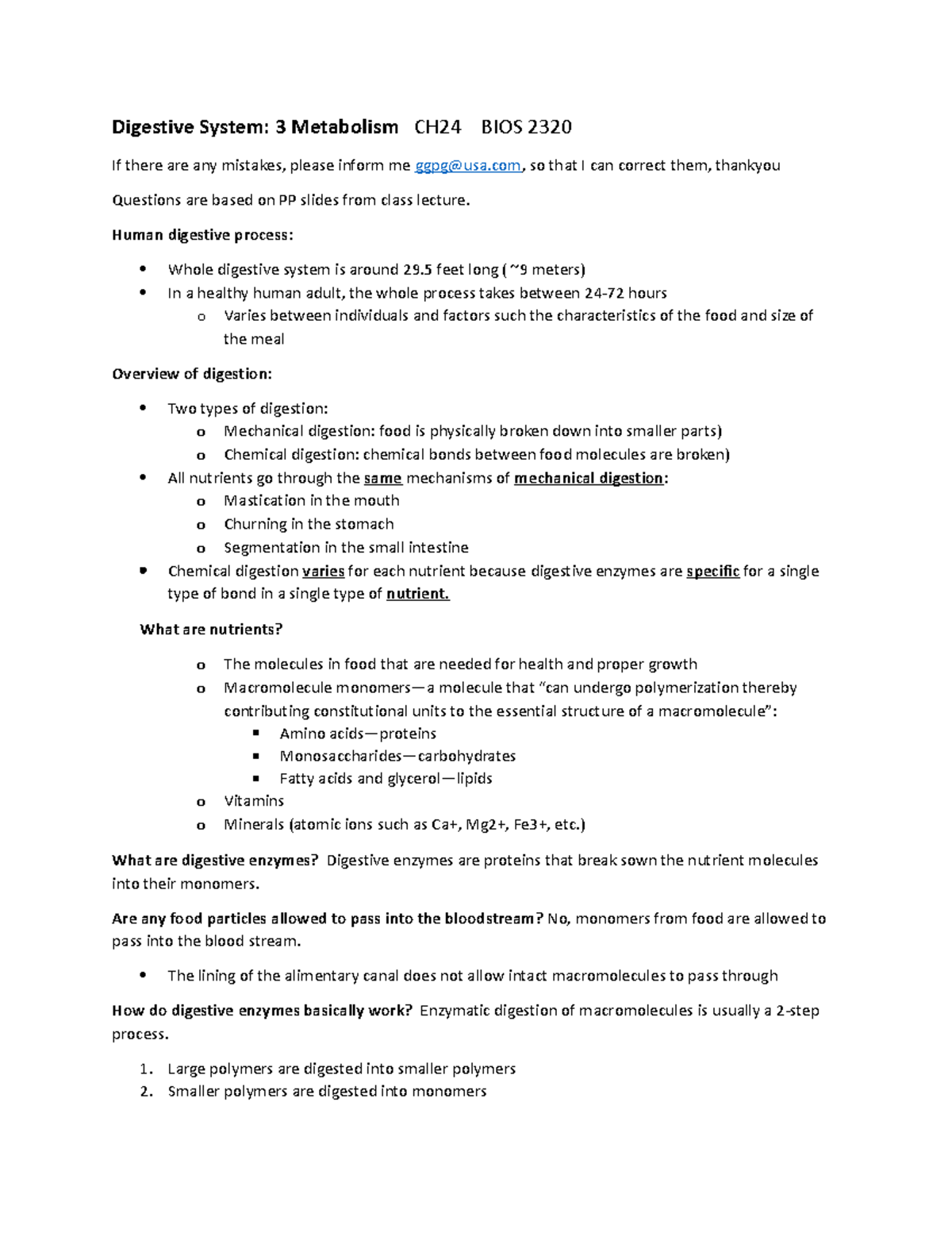 Digestive System, metabolism ch 24 - BIOS 2320 - MCC - Studocu