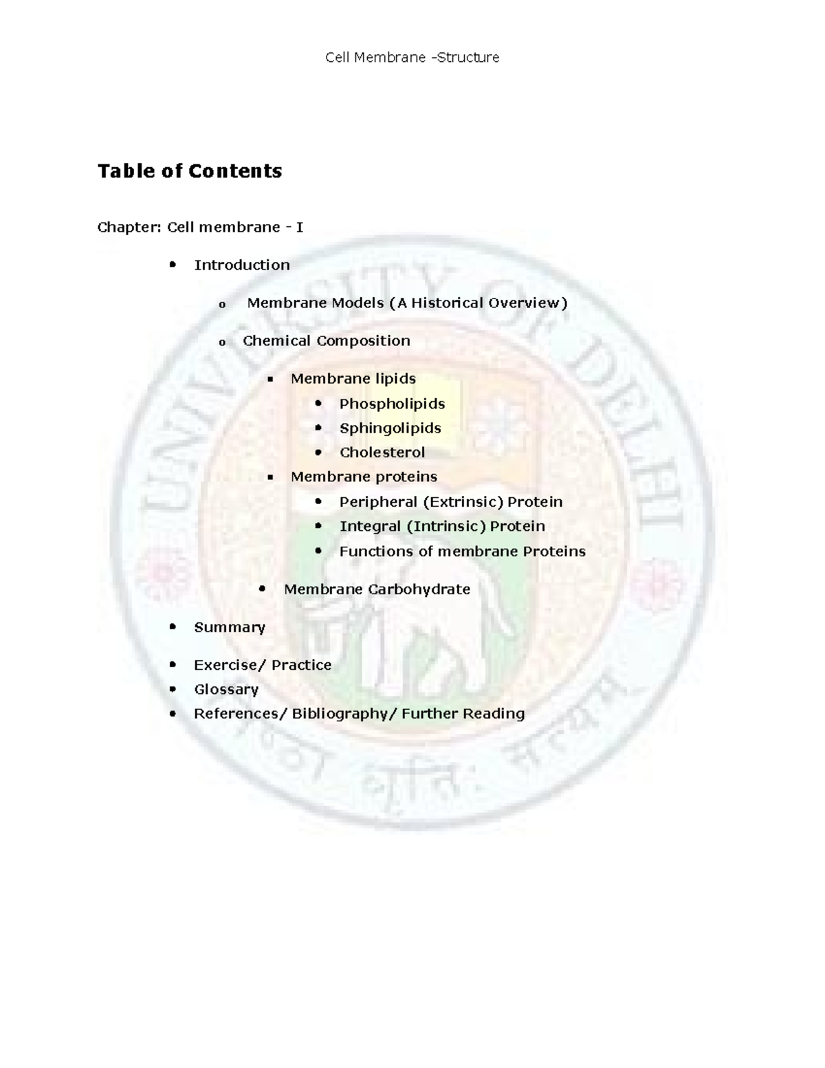Unit -4 Cell Membrane -Structure - Cell Membrane -Structure Table of Contents Chapter: Cell ...