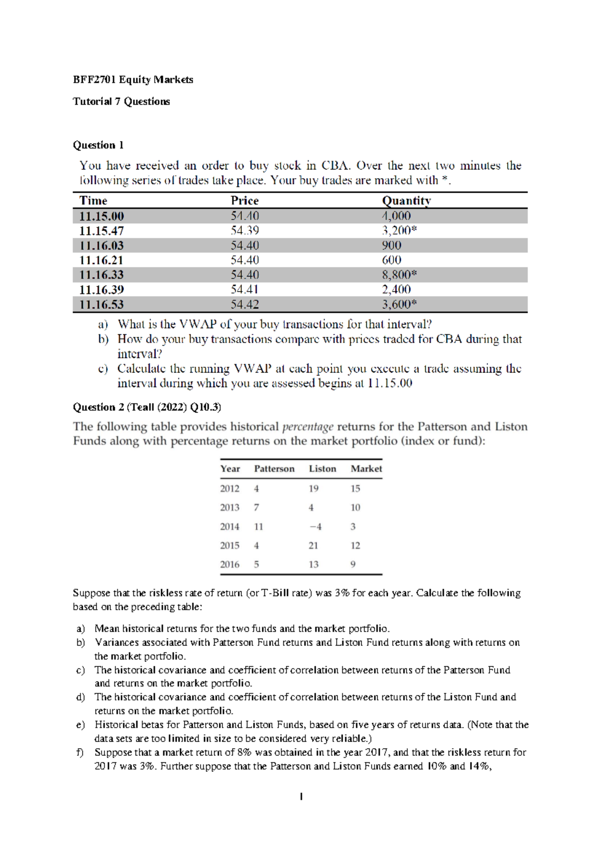 Tutorial 7 Questions - 1 BFF2701 Equity Markets Tutorial 7 Questions Question 1 Question 2 ...