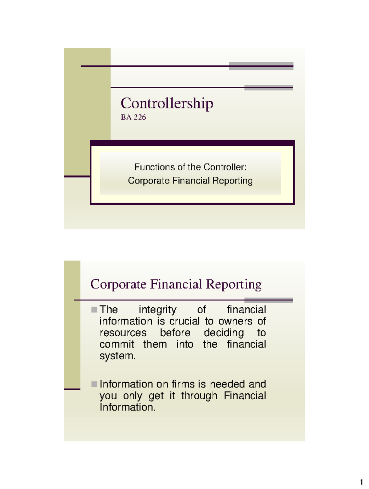 11 Aug lecture notes - Controllership BA 226 Functions of the ...