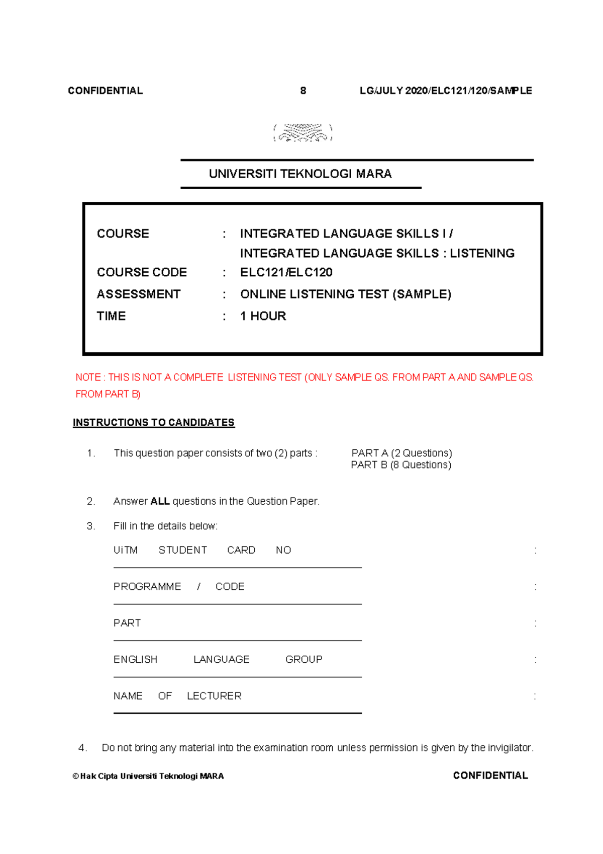 ELC121 ODL Sample Listening TEST Paper - UNIVERSITI TEKNOLOGI MARA ...