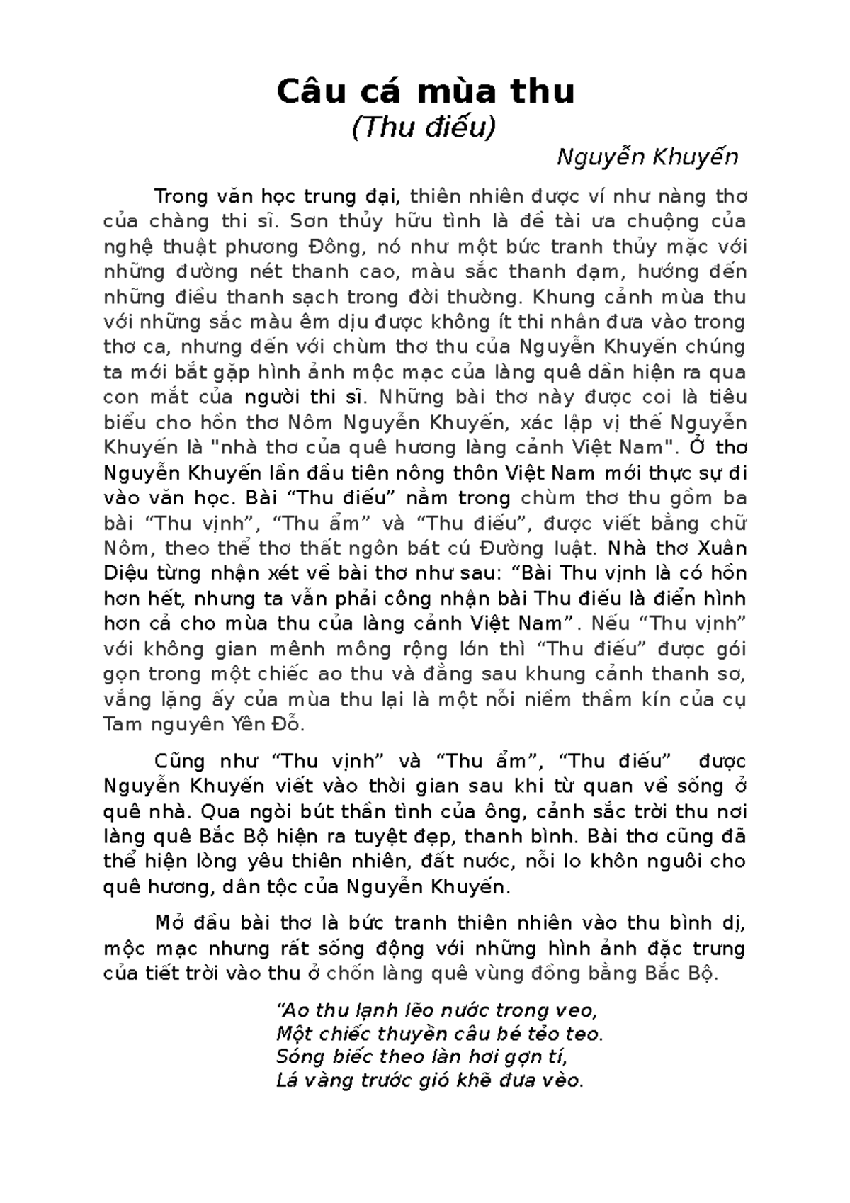 Pham Le Tuyet Anh 11T1 Thu dieu (Nguyen Khuyen) - Câu cá mùa thu (Thu ...