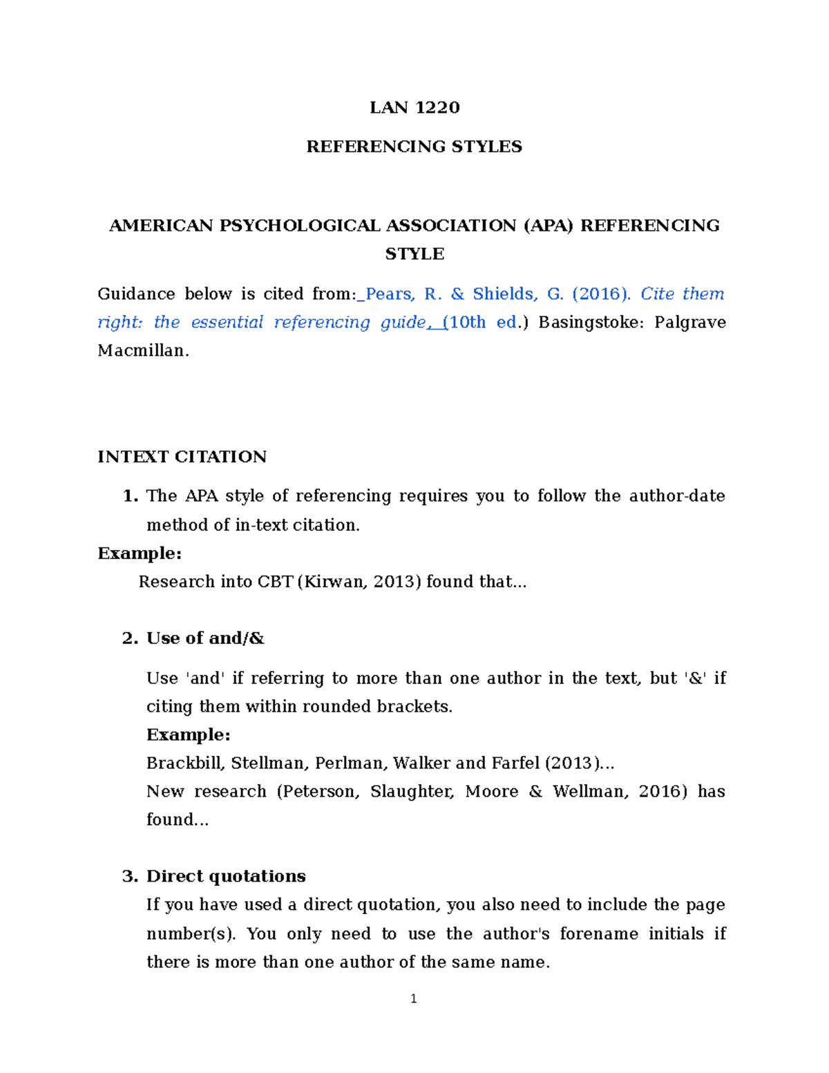 Referencing Styles - Notes - LAN 1220 REFERENCING STYLES AMERICAN ...