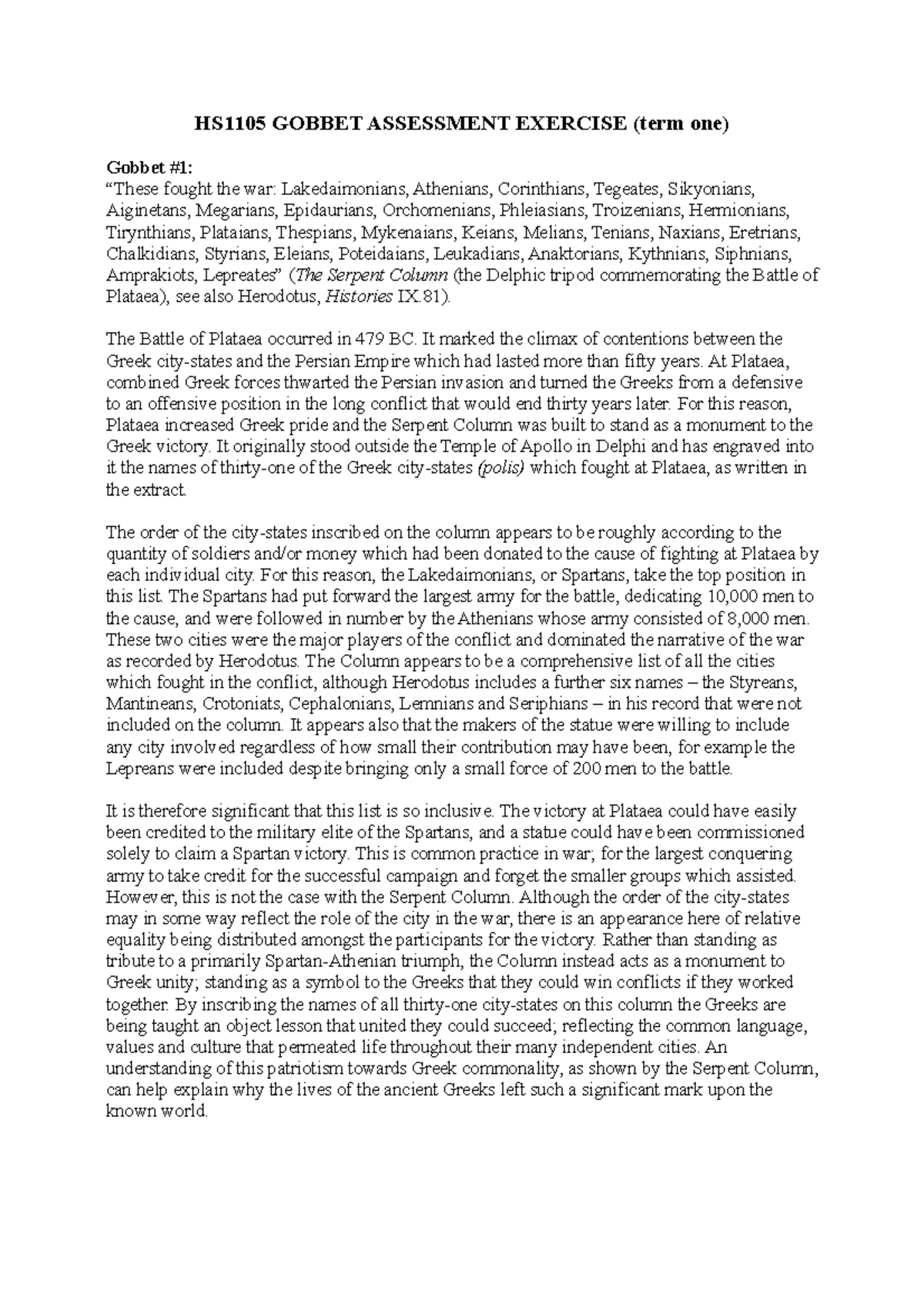 Final assessment gobbets 1 - HS1105 GOBBET ASSESSMENT EXERCISE (term ...