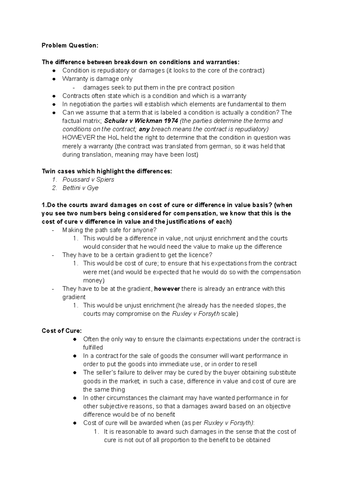 Breach and Remedies - Problem Question: The difference between ...