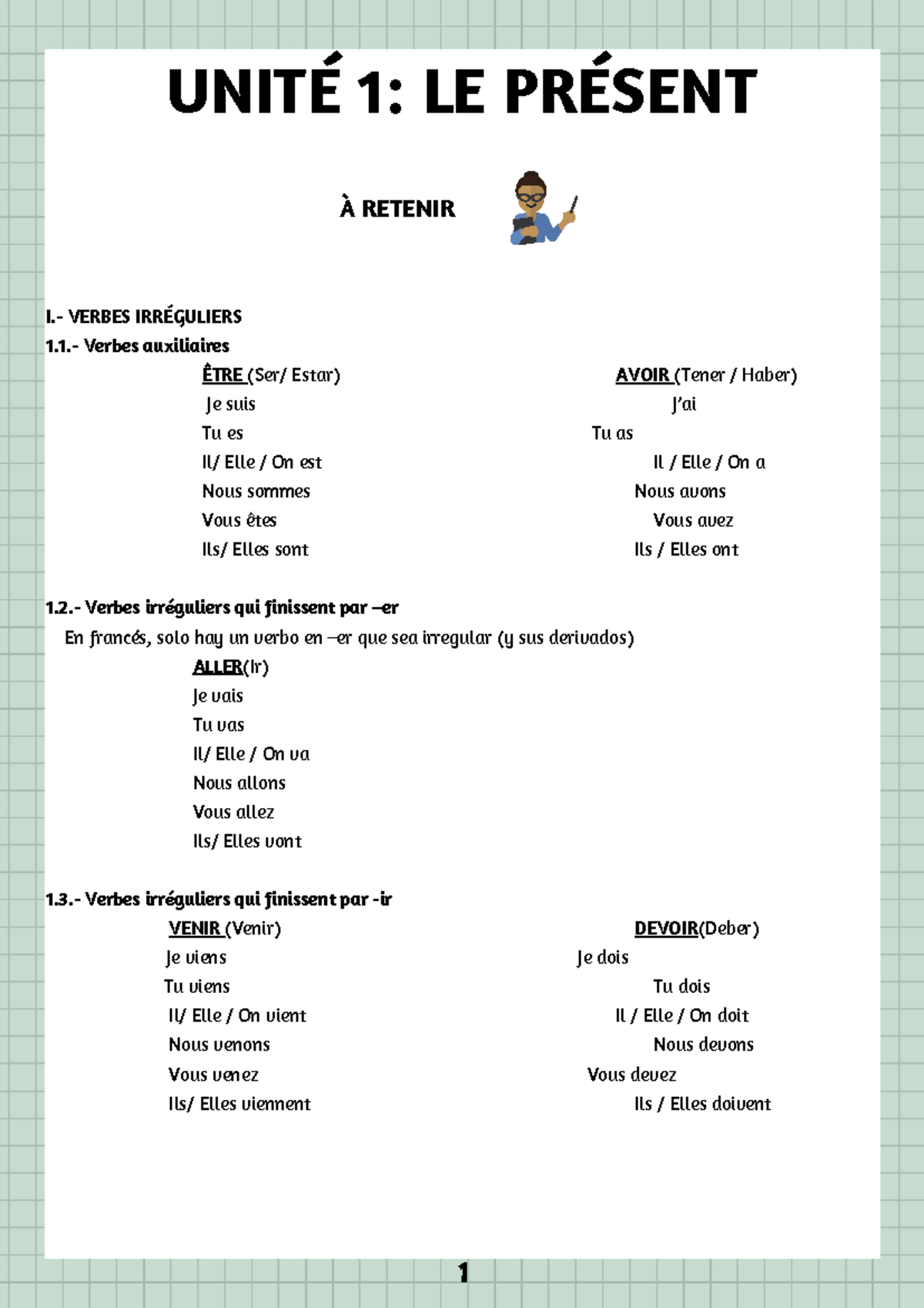 Verbos - apuntes - UNITÉ 1: LE PRÉSENT À RETENIR Je viens Je dois I ...