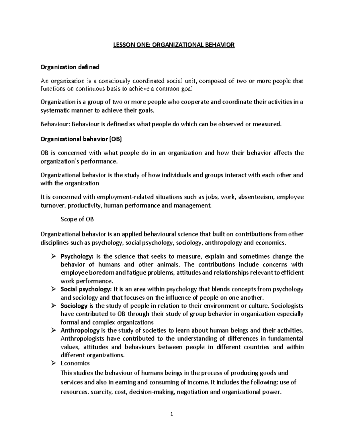 Lesson ONE Overview OF Organizational Behaviour - LESSON ONE ...
