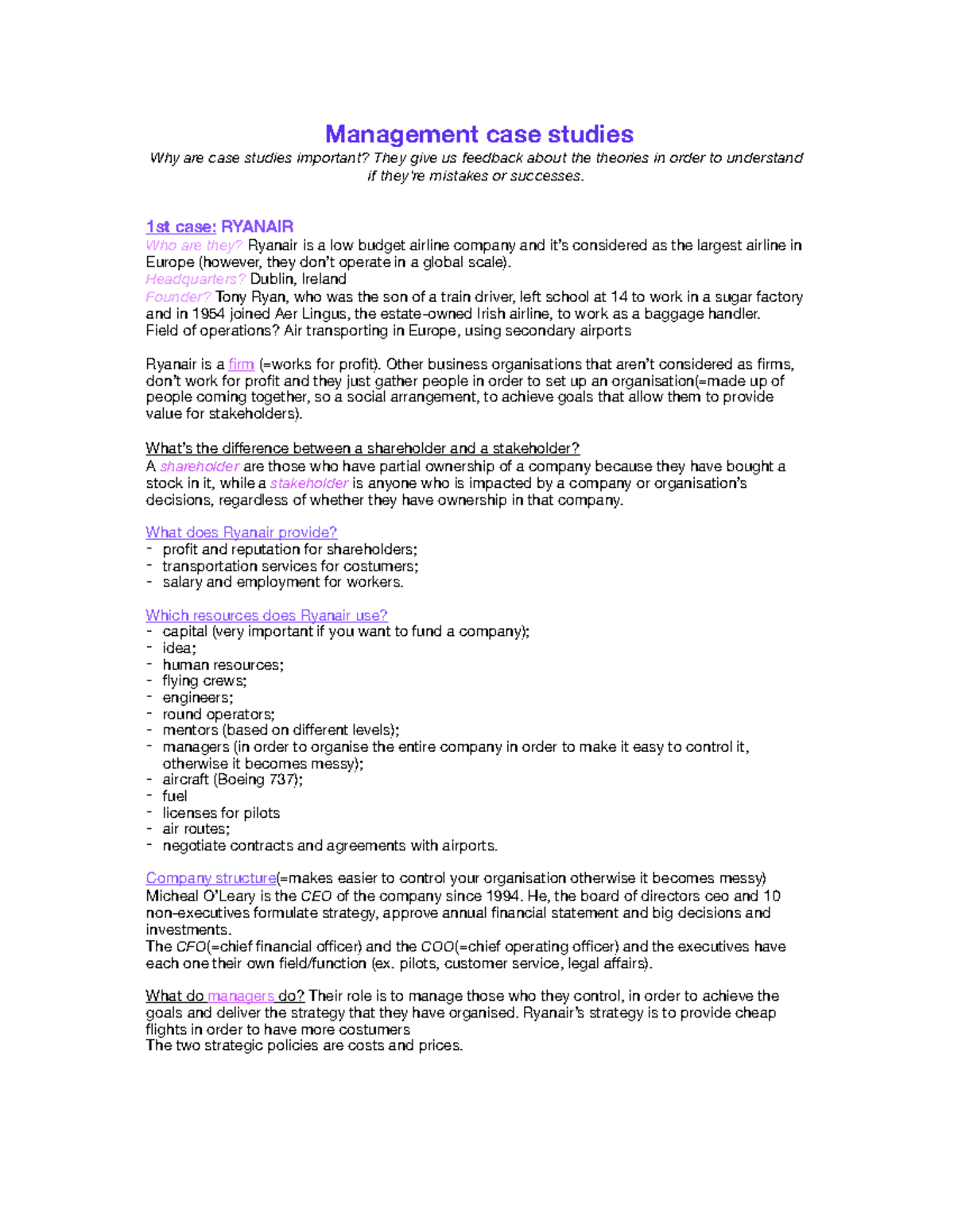Management case studies - 1st case: RYANAIR Who are they? Ryanair is a ...