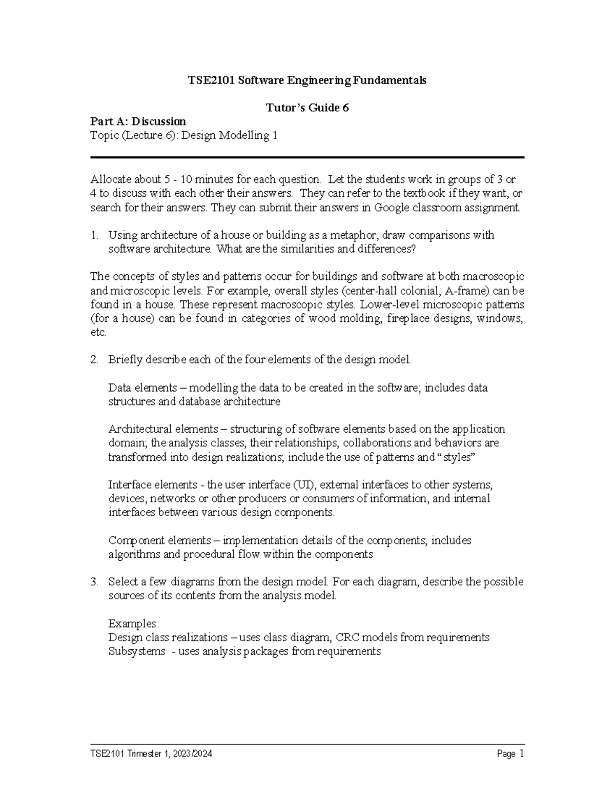 Tut Guide 06 - Tuto Sample Answer - TSE2101 Software Engineering ...