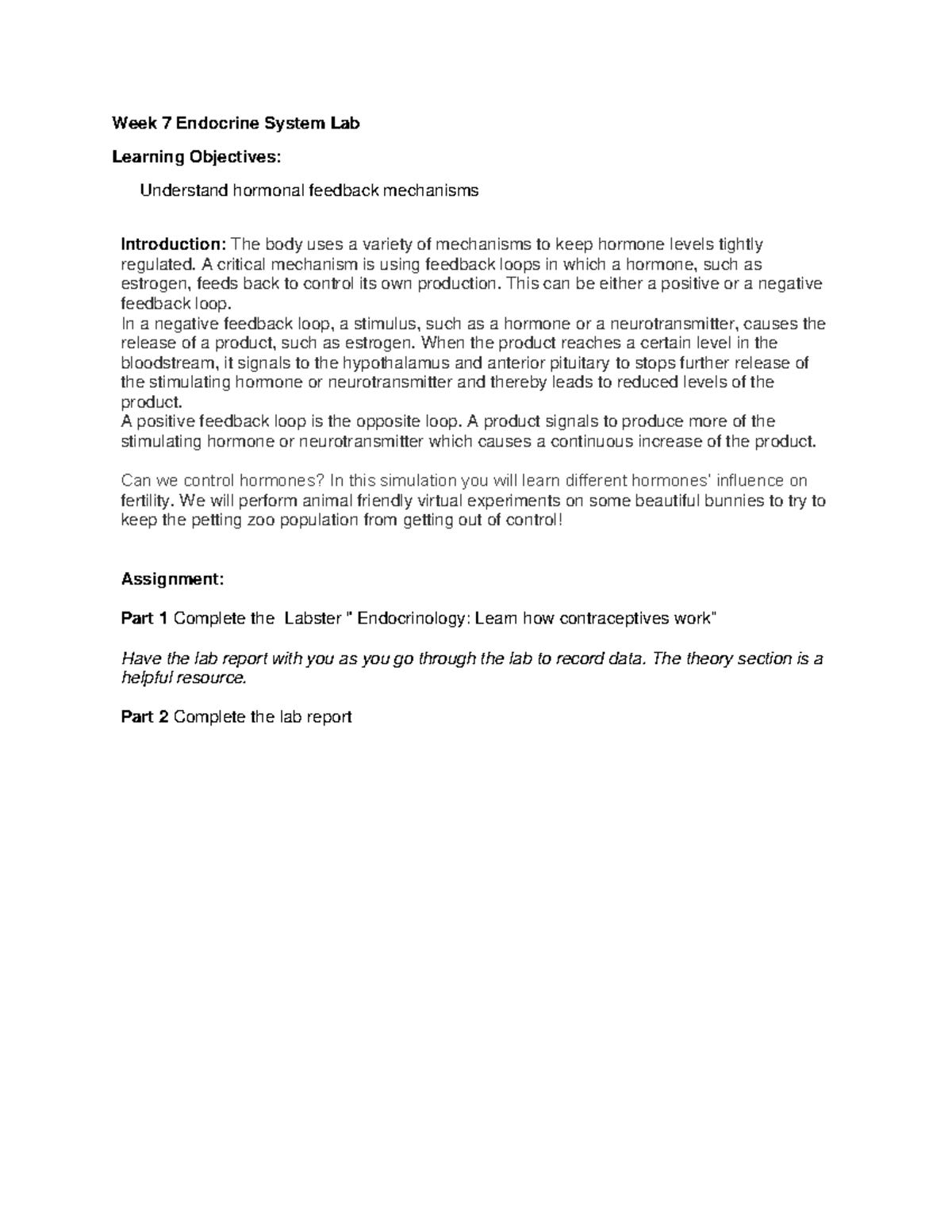 BIO252 W7 Lab Report Endocrine feedback mech - Week 7 Endocrine System ...