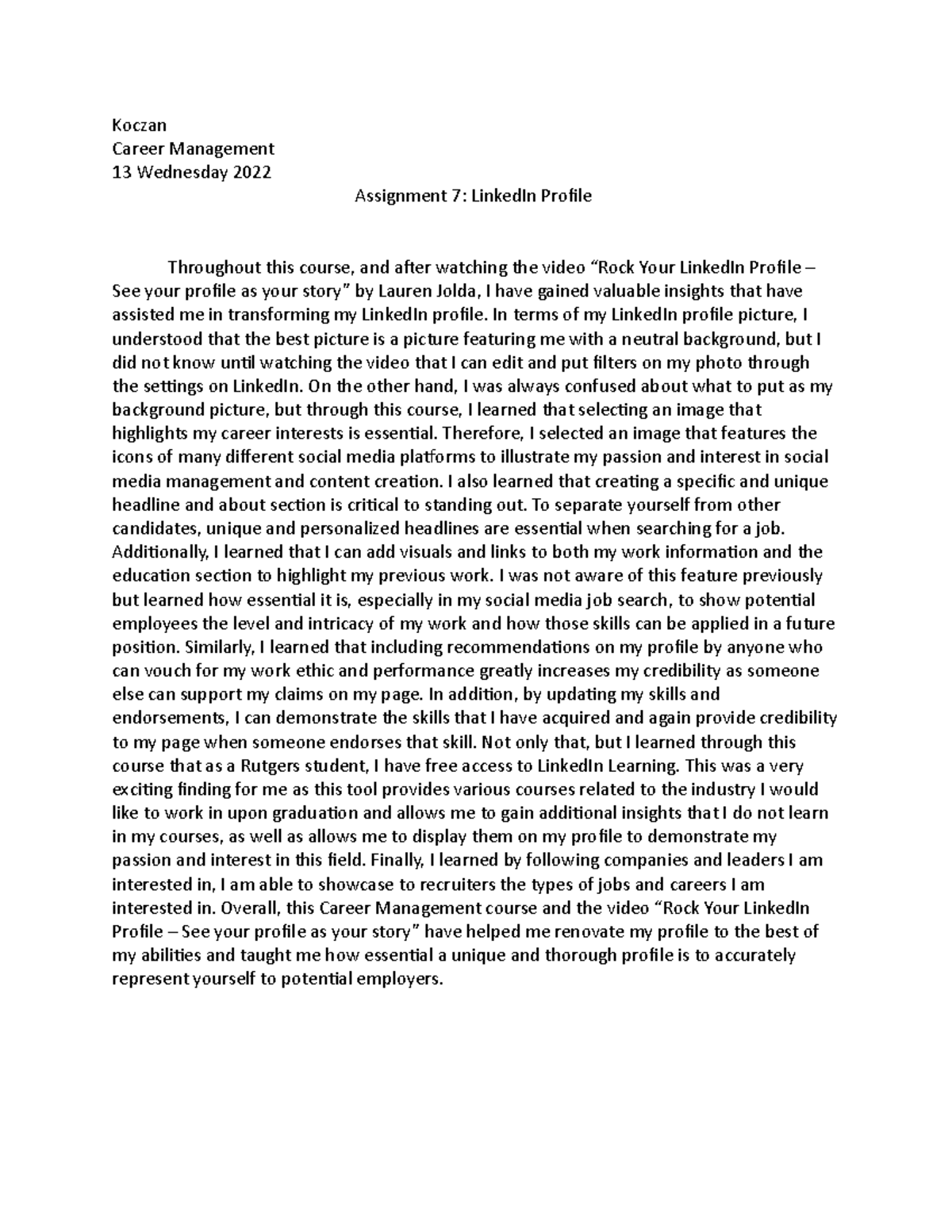 Assignment 7: LinkedIn Profile - Koczan Career Management 13 Wednesday ...