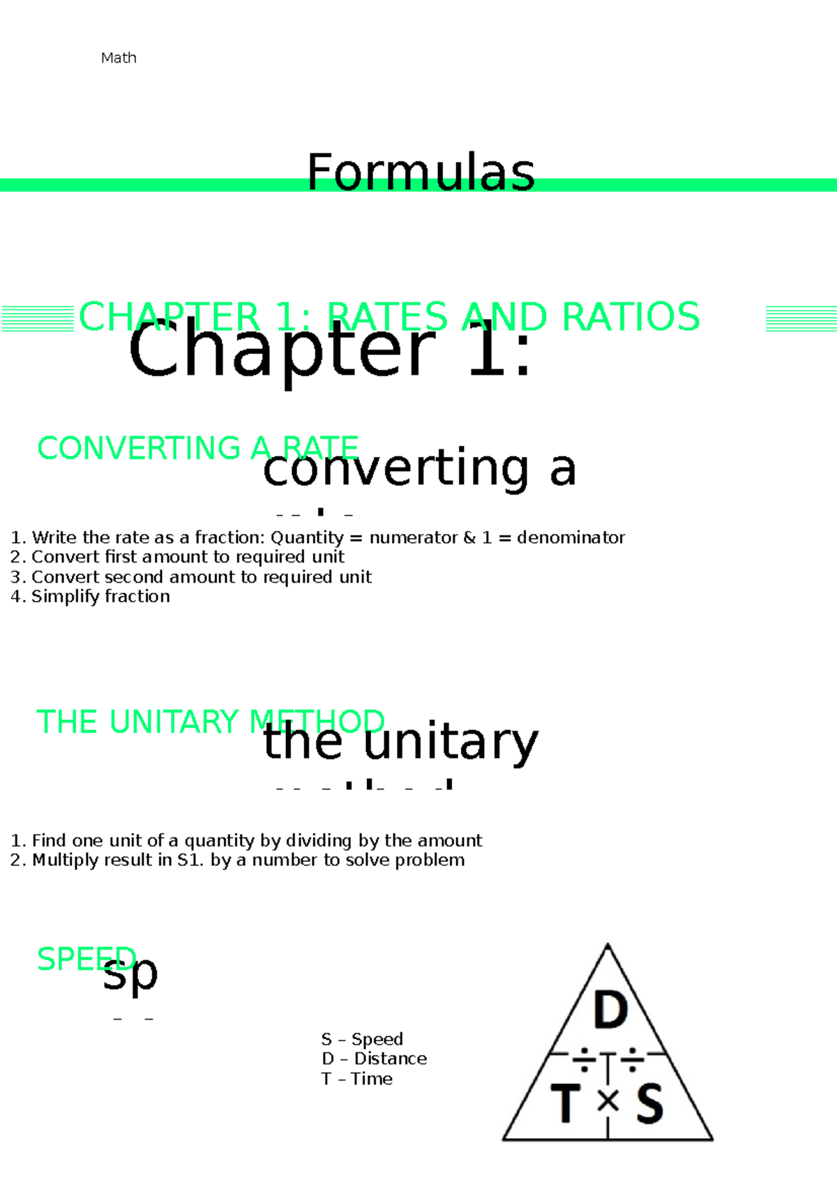 Formulas - S – Speed D – Distance T – Time sp ee SPEED THE UNITARY ...