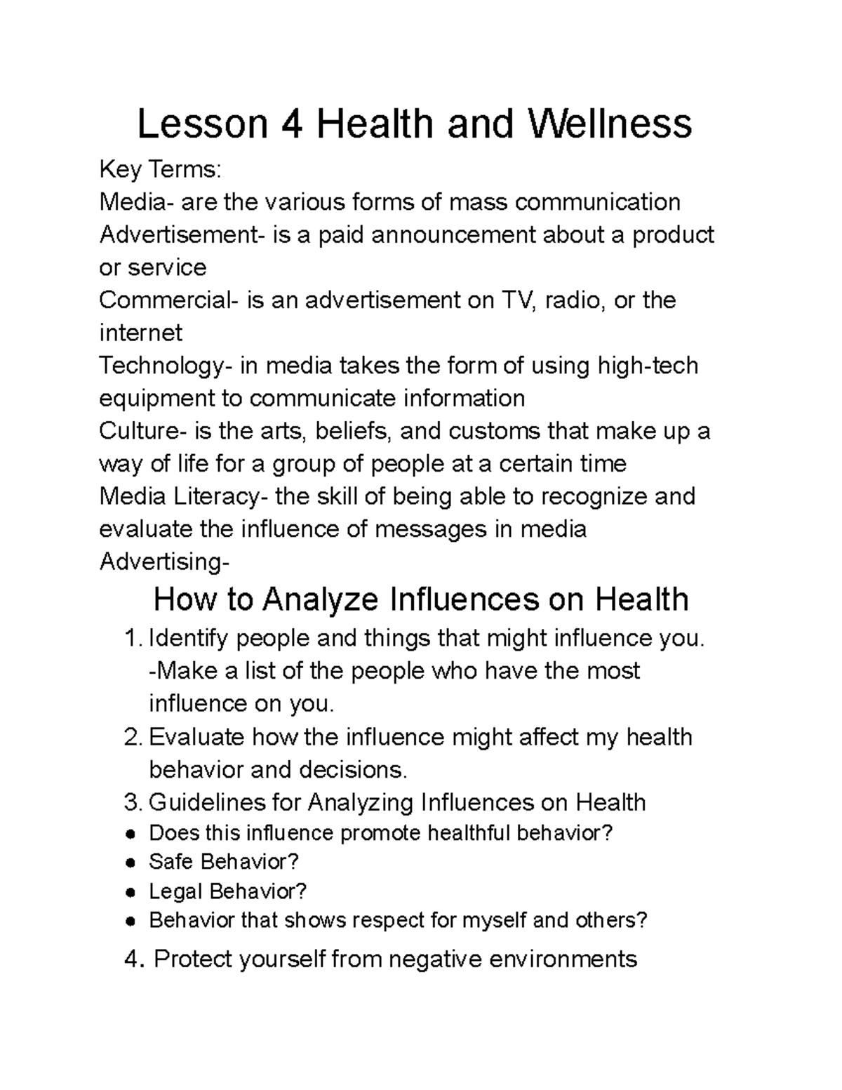 Lesson 4 Family Wellness Notes - Lesson 4 Health and Wellness Key Terms ...