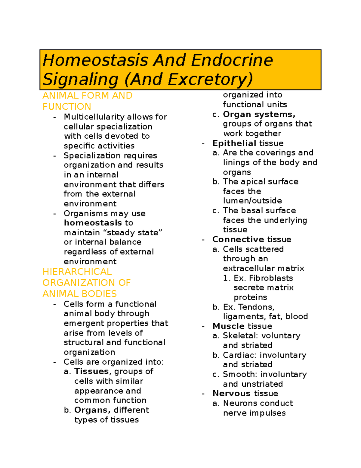 Homeostasis And Endocrine Signaling (And Excretory) Notes - Homeostasis ...