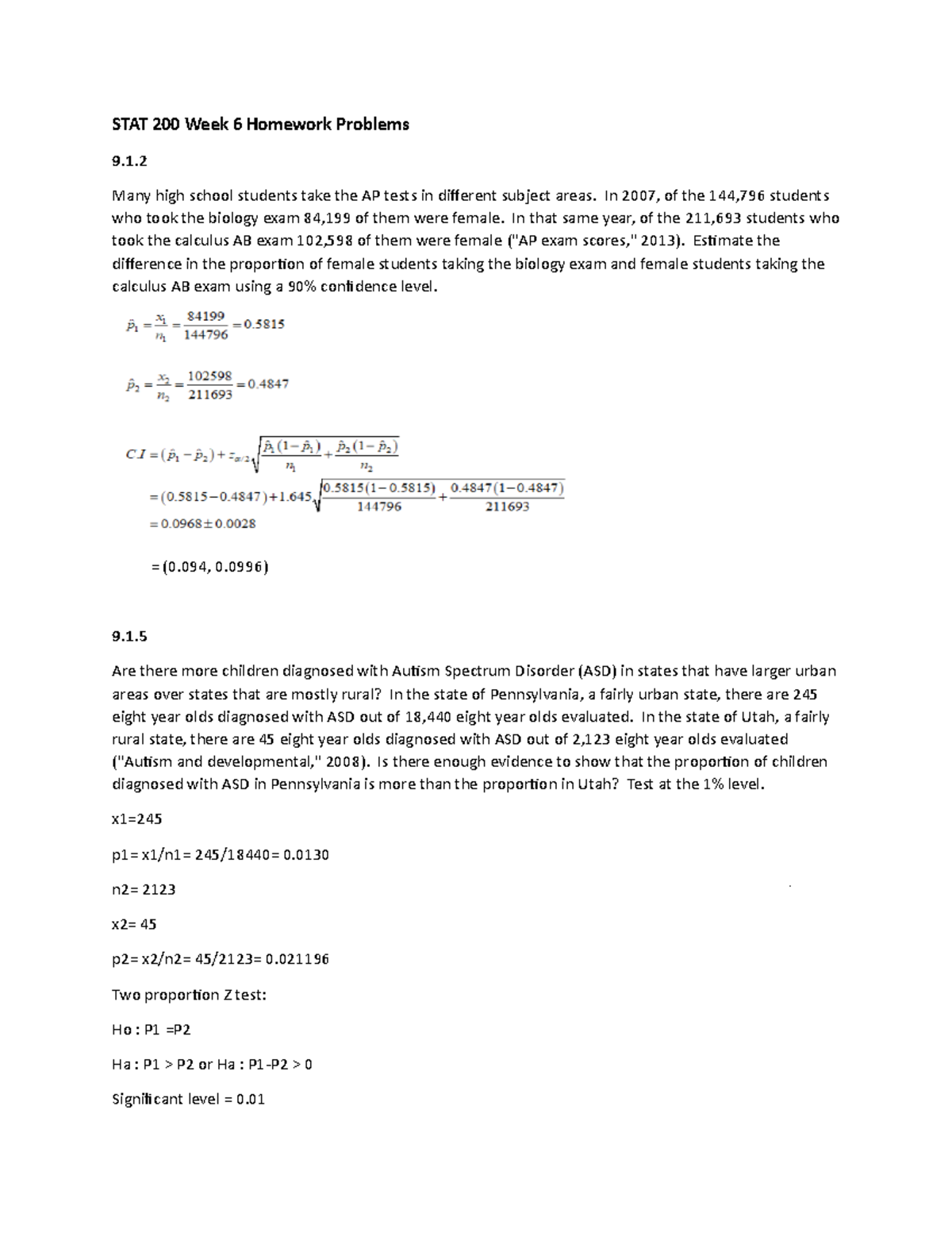 introduction to statistics 200 week six Homework Problems with answers - STAT 200 - Studocu