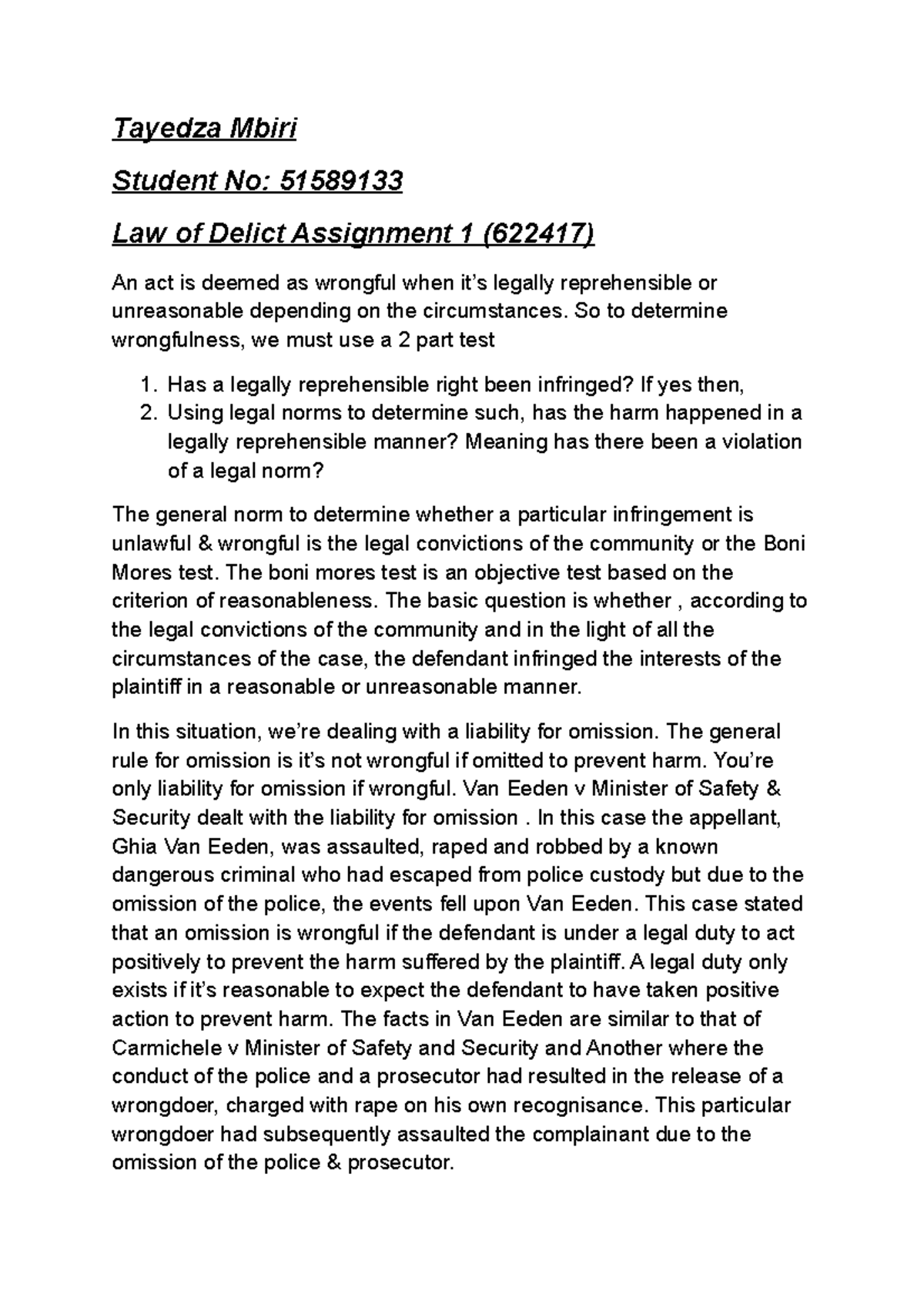 Delict Assignment 1 the final assignment - Tayedza Mbiri Student No ...