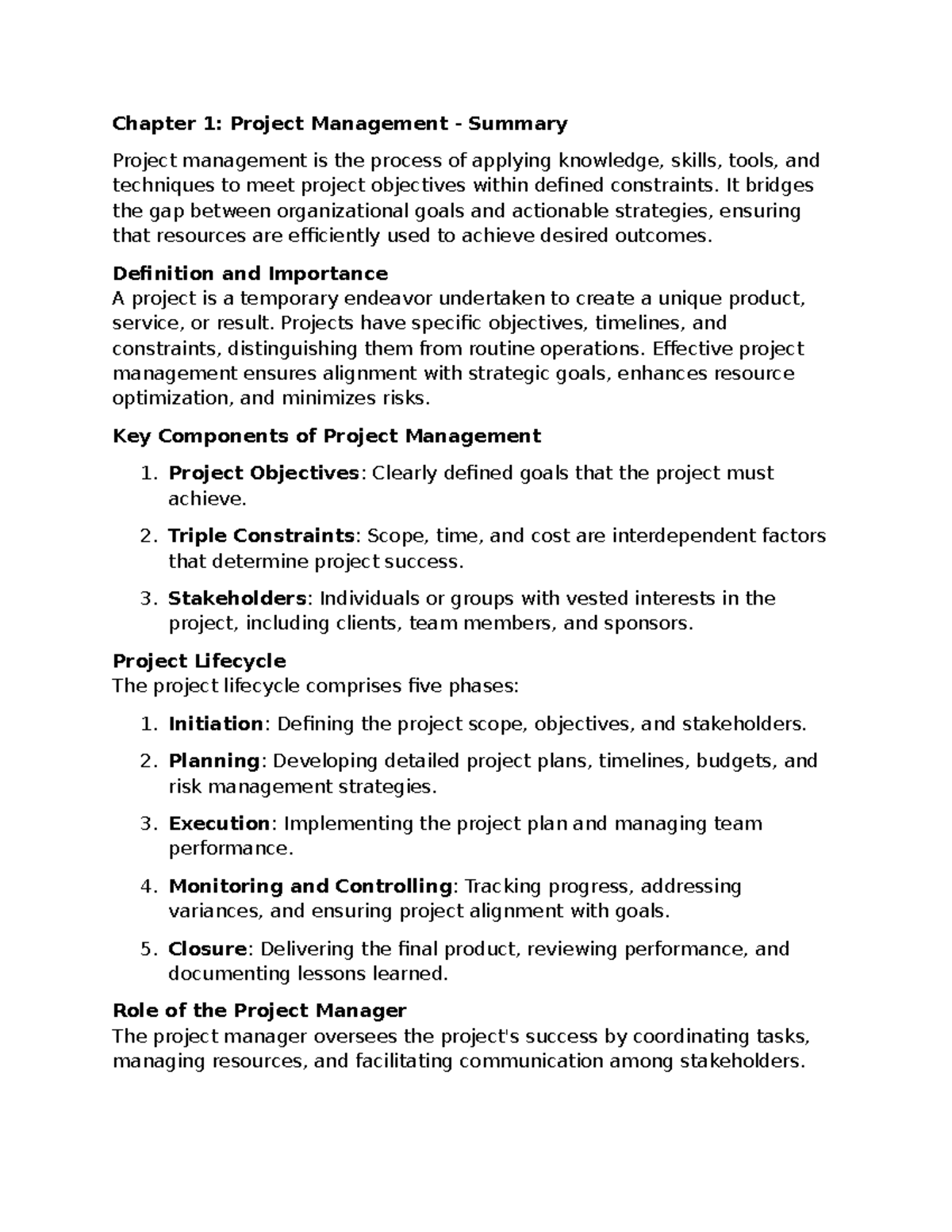 Chapter 1 Project Management - Chapter 1: Project Management - Summary ...